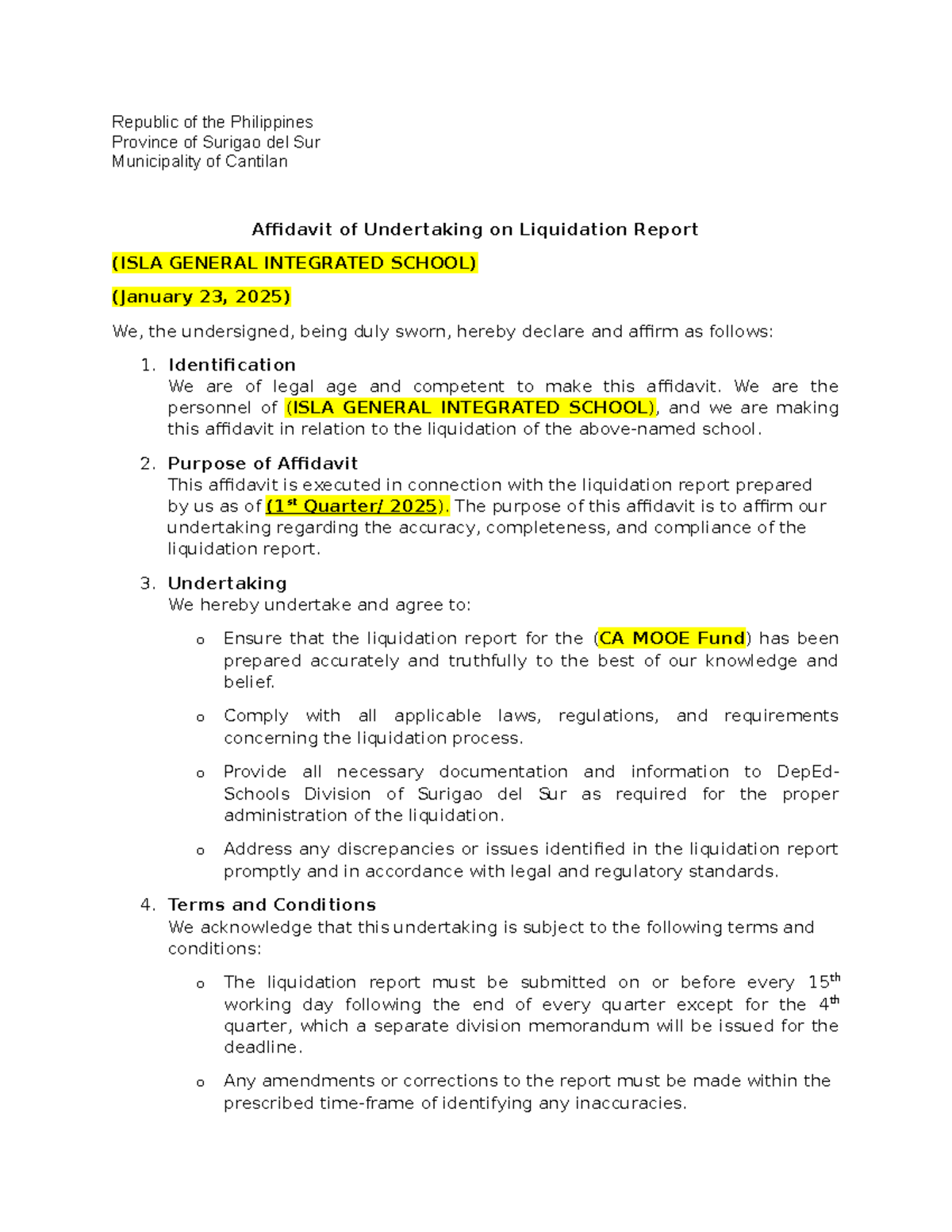 Affidavit of Undertaking for Liquidation Report (ISLA GENERAL ...