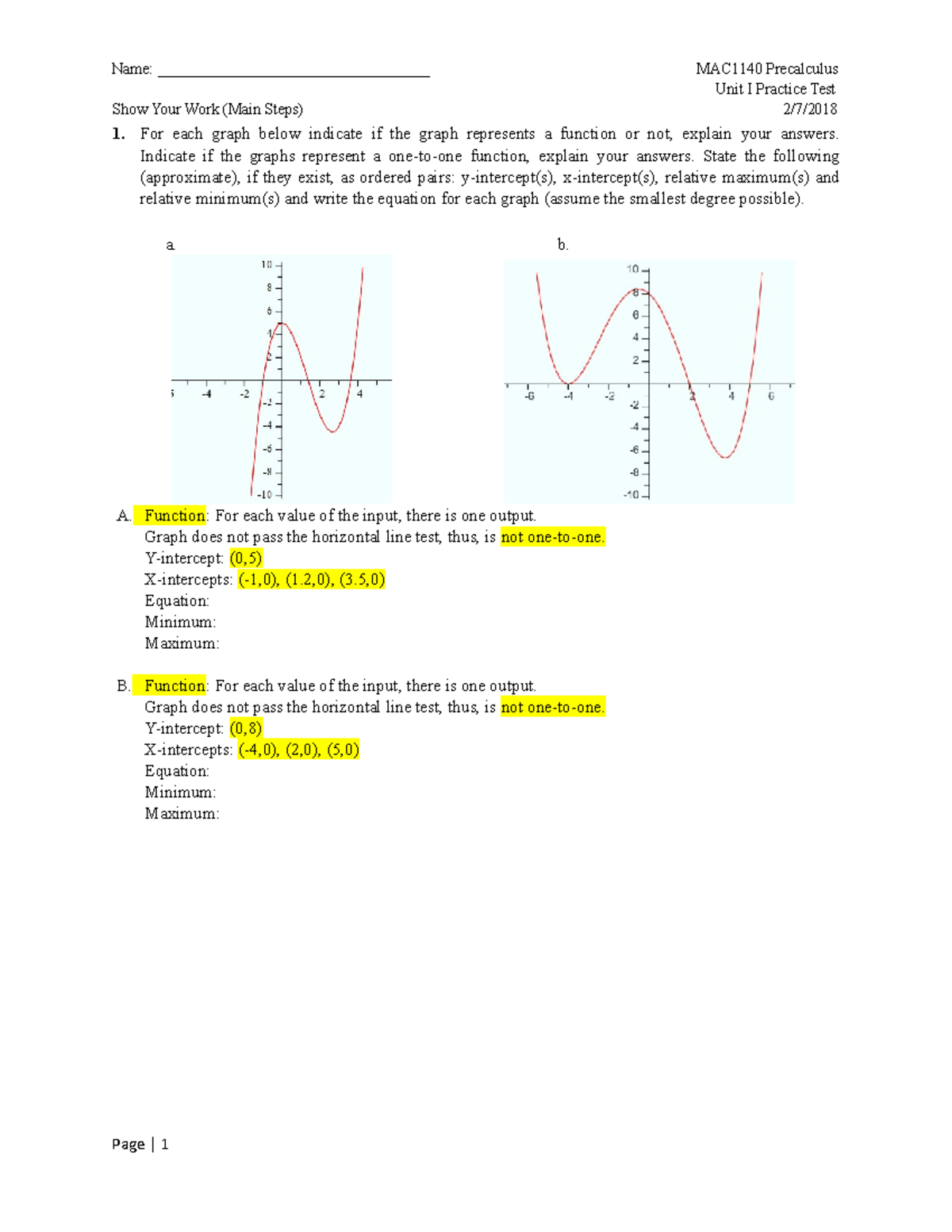 Unit 1 Practice Test Pre-Calculus - Unit I Practice Test Show Your Work ...