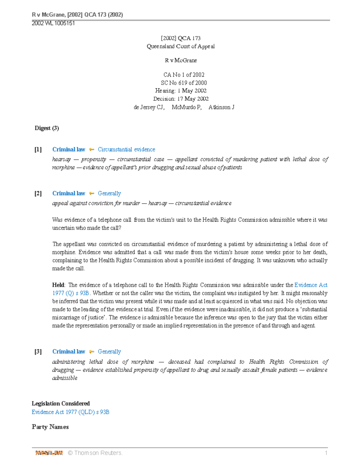R v McGrane: QCA 173 (2002) - Case Analysis and Evidence Review - Studocu