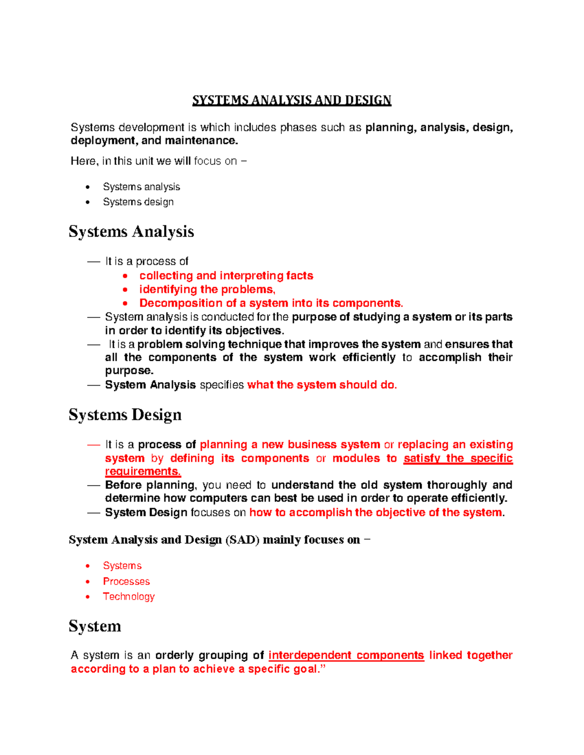 SYSTEMS ANALYSIS AND DESIGN (SAD) Comprehensive Study Notes - Studocu