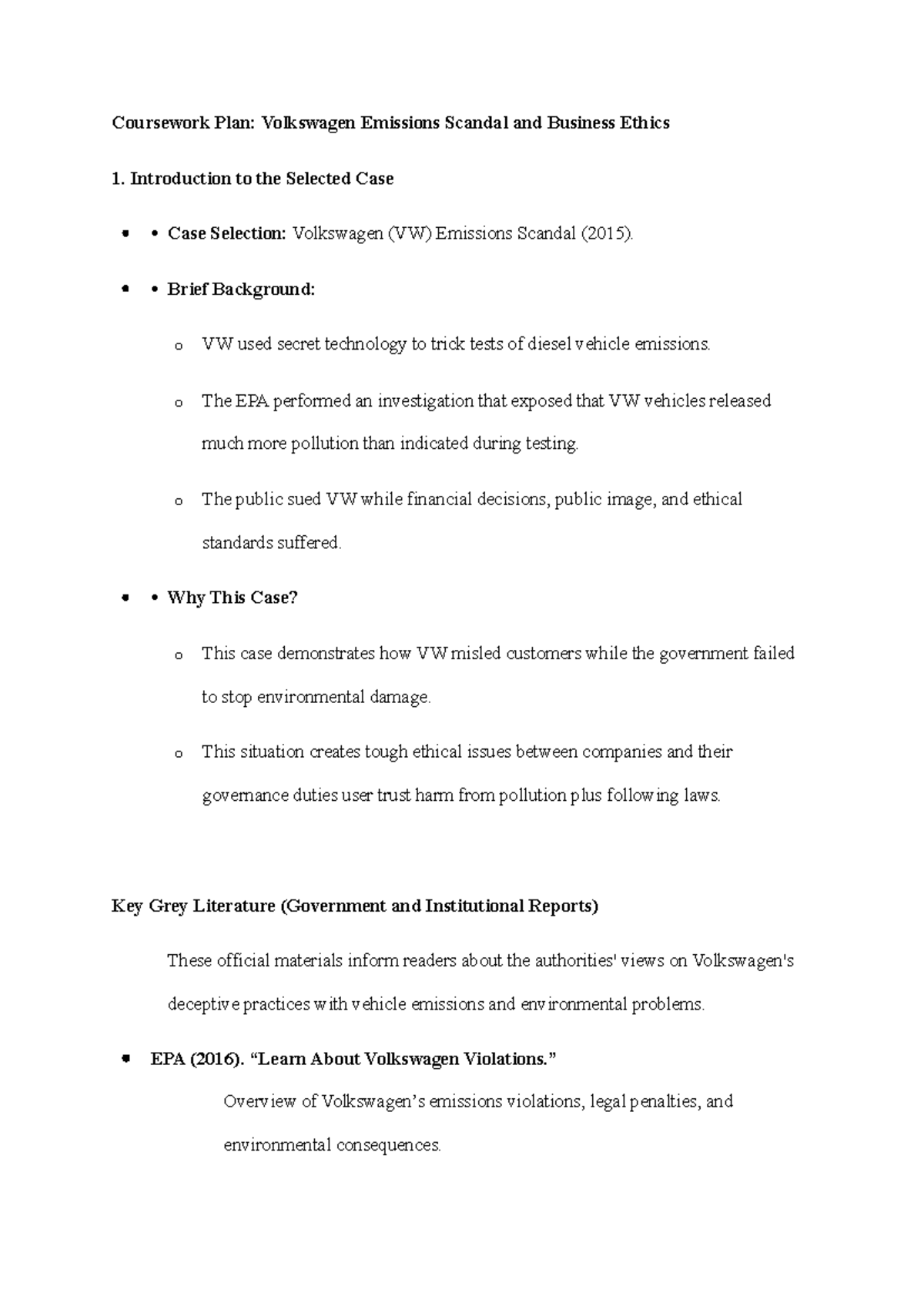 Coursework Plan: VW Emissions Scandal & Business Ethics Analysis - Studocu