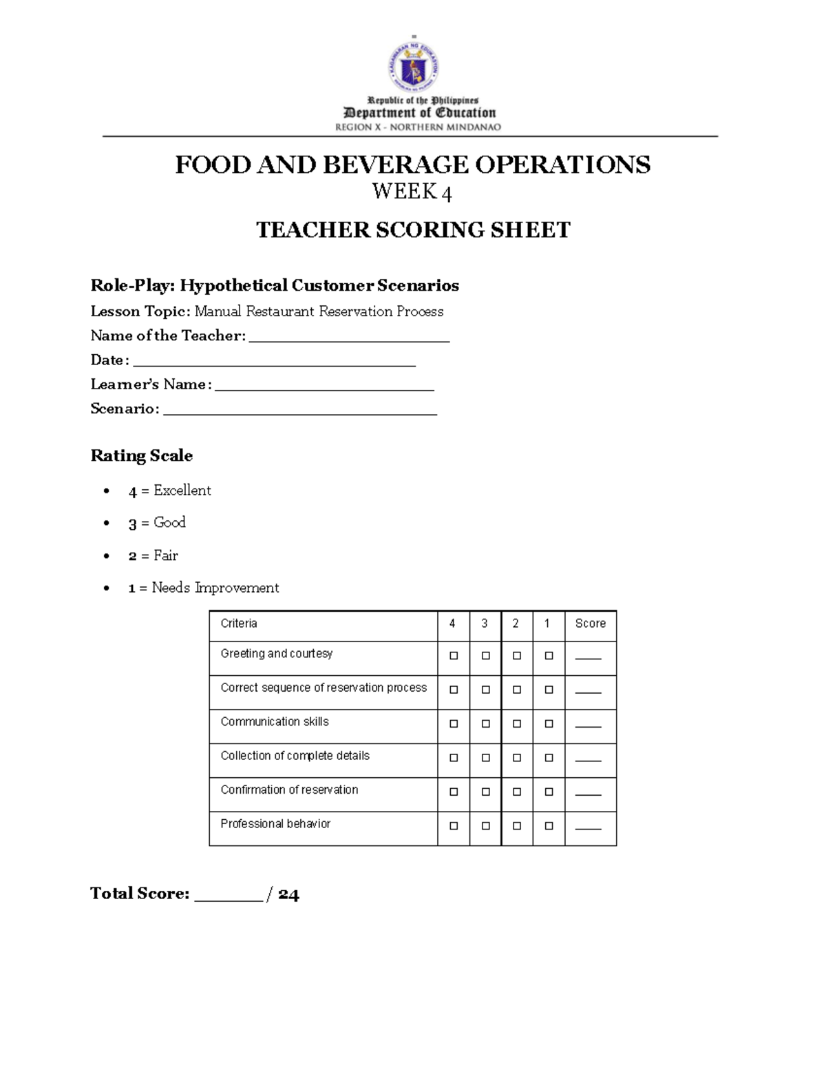Scoring Sheet Hypothetical Scenario - FOOD AND BEVERAGE OPERATIONS WEEK ...