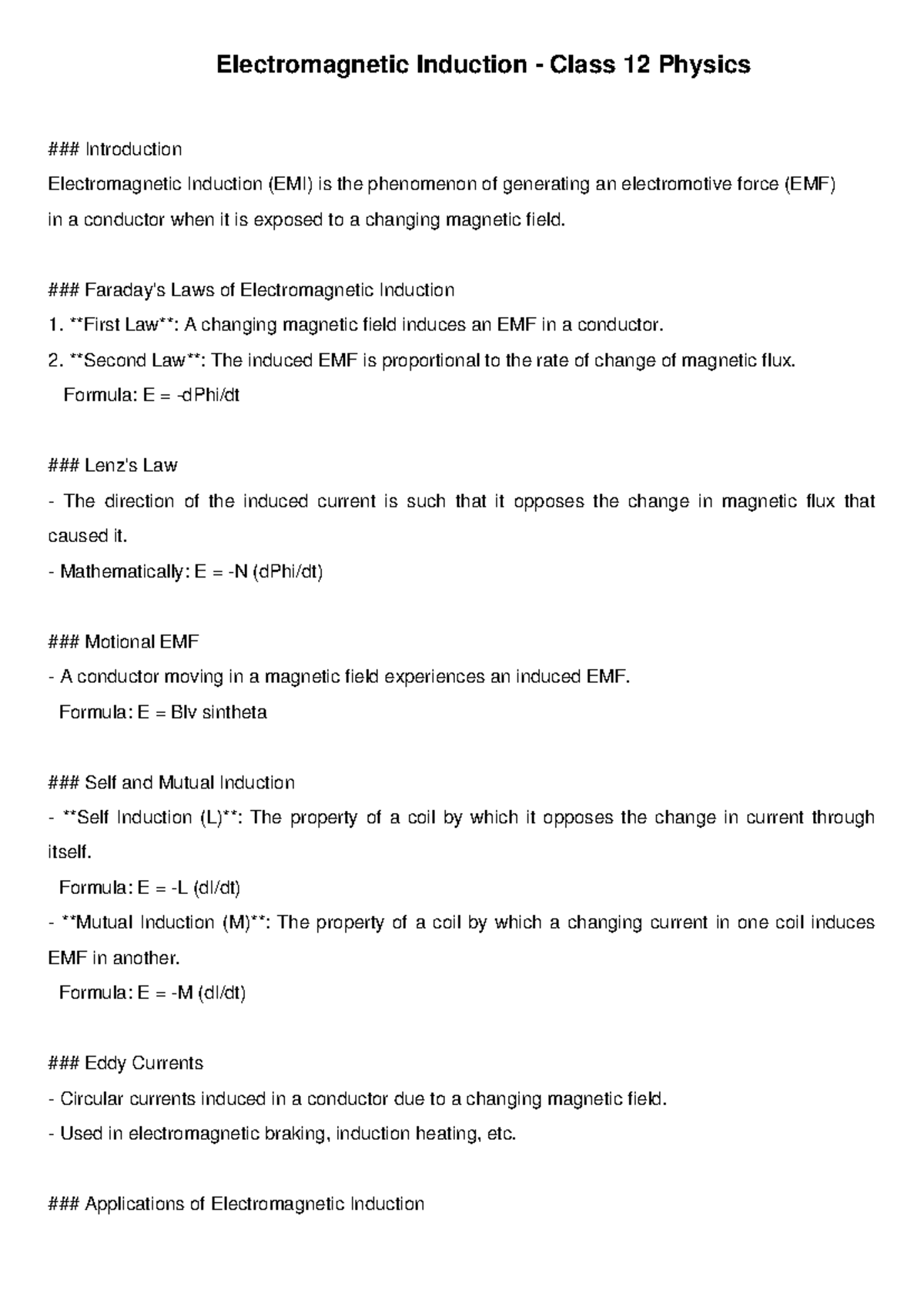 Electromagnetic Induction Notes - Electromagnetic Induction - Class 12 ...