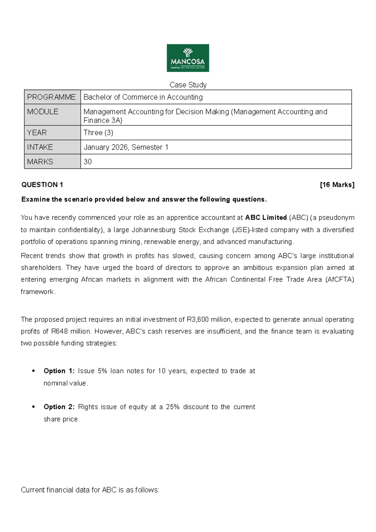 Case Study: BACC MADM7 Management Accounting Decisions - Jan 2026 - Studocu