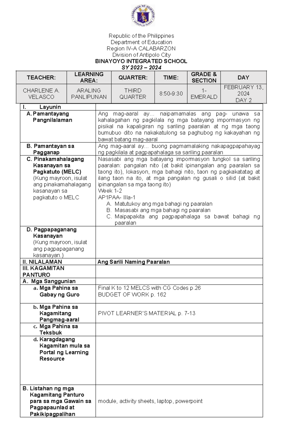 CO3-AP1-Mga Bahagi at Kahalagahan ng Paaralan sa Araling Panlipunan - Studocu