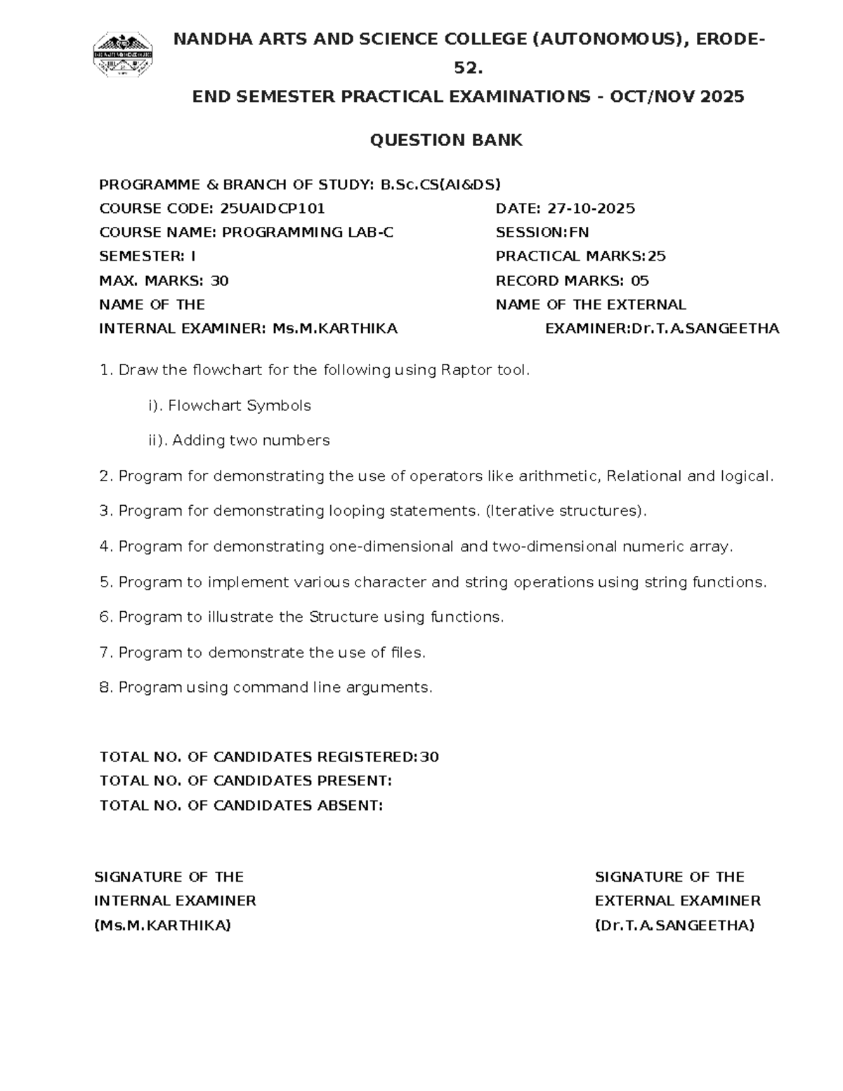 End Semester Practical Exam 2025: Programming (25UAIDCP101) - Studocu