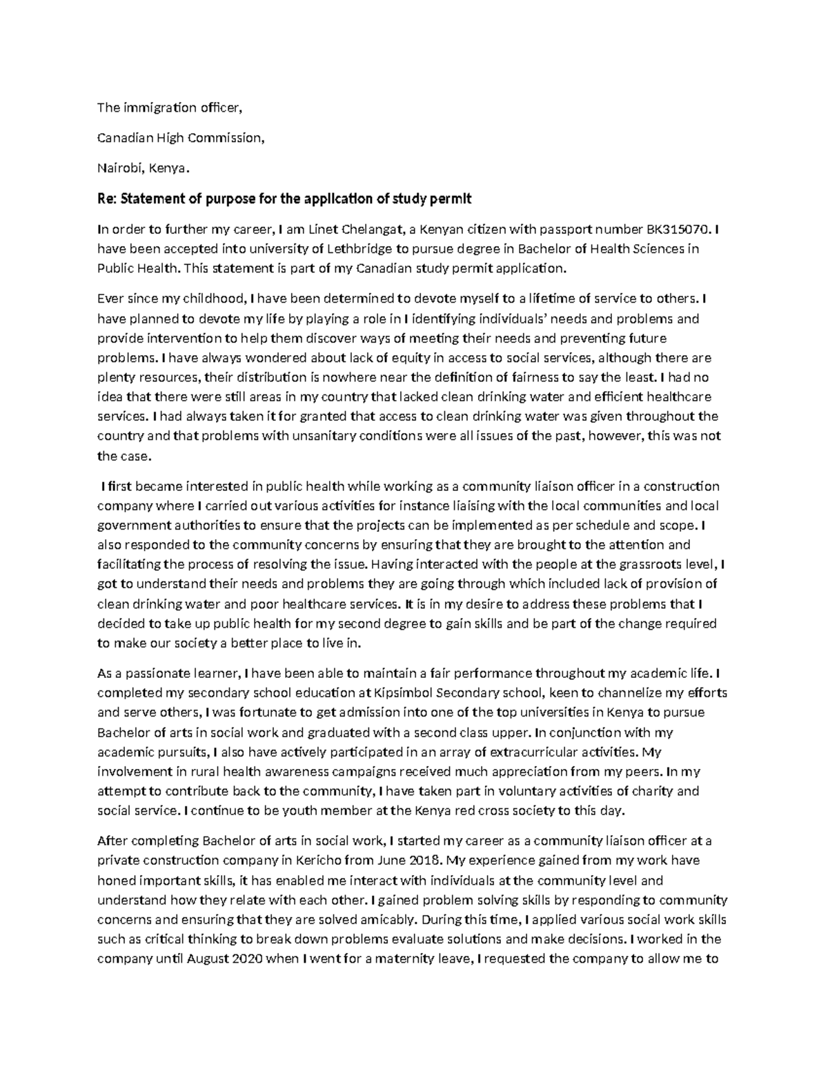 Statement of Purpose for Study Permit Application - SOP Sample - Studocu
