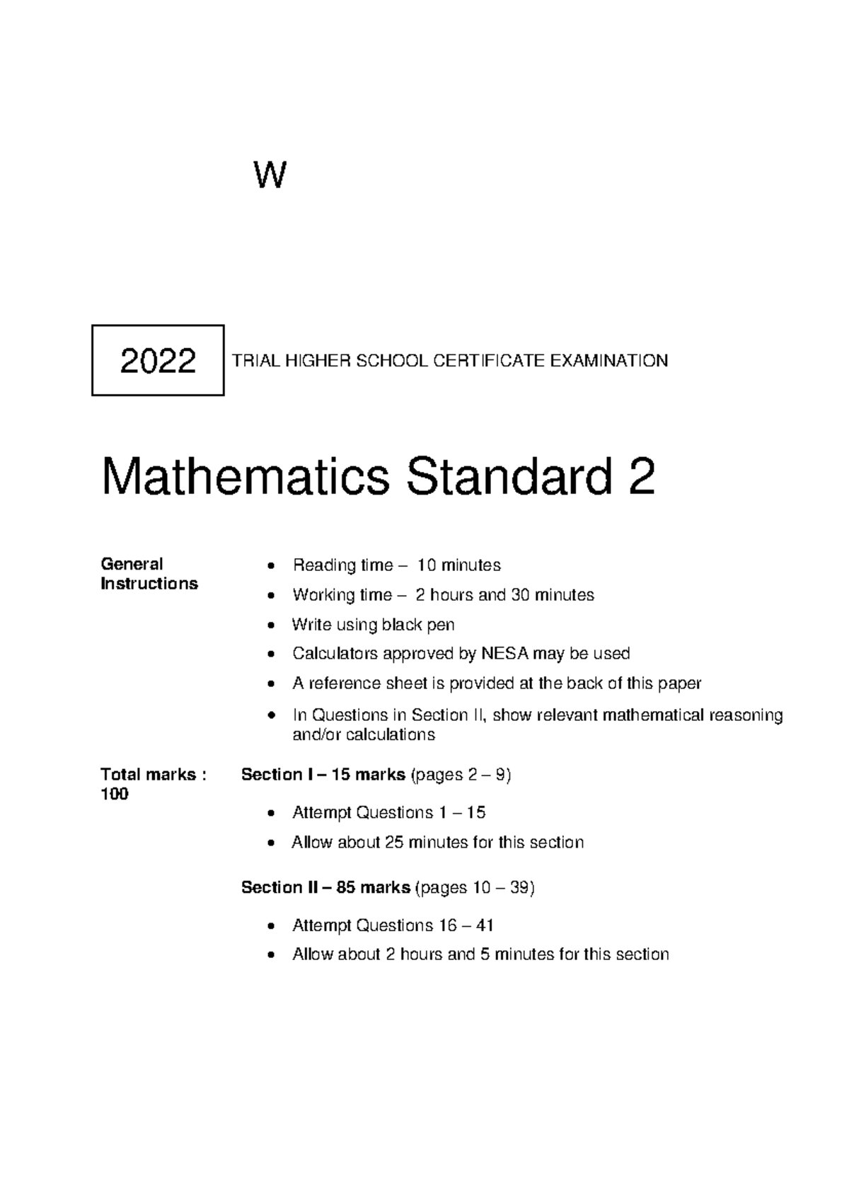 W HSC 2022 Mathematics Standard 2 Trial Exam Paper - Studocu