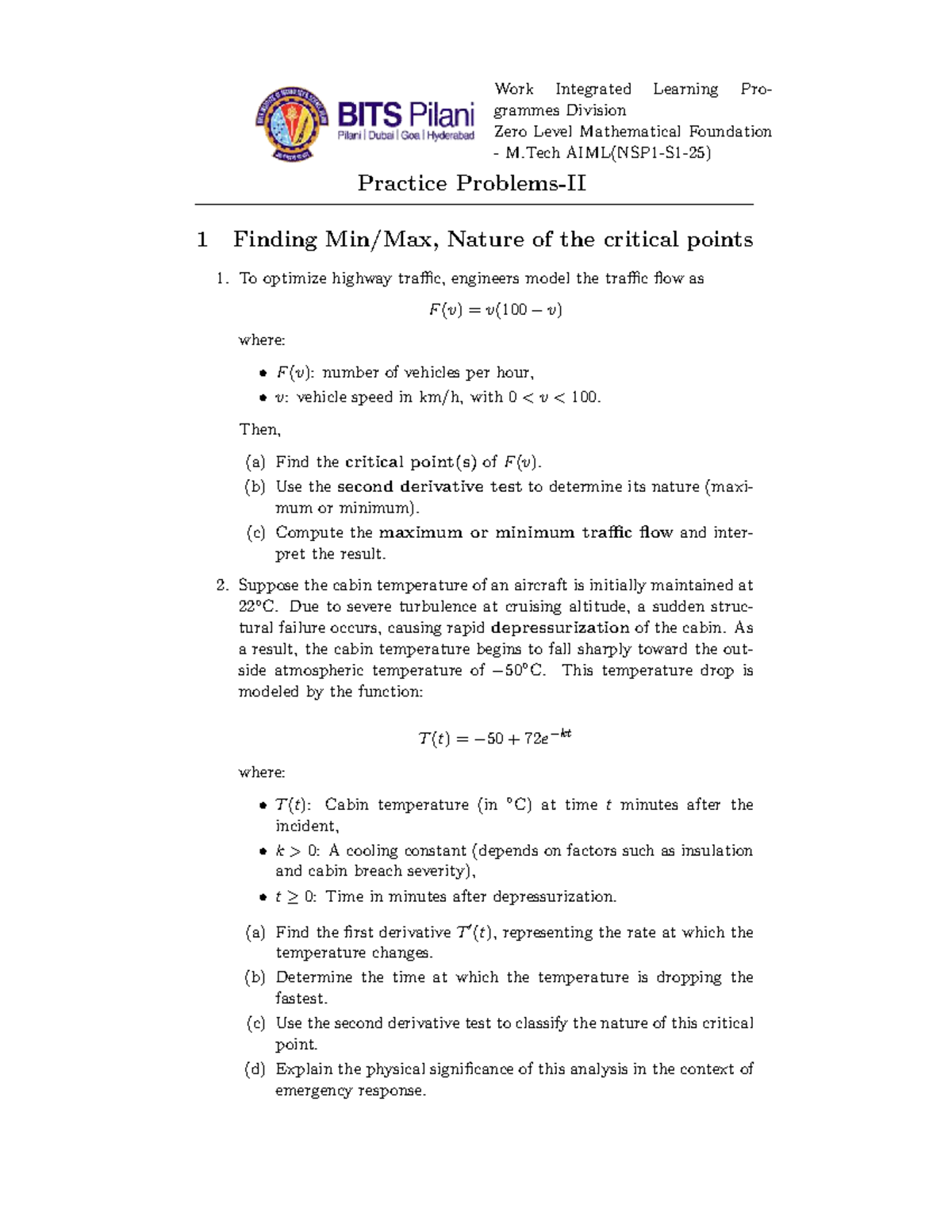 M.Tech AIML NSP1 S1 Practice Problems II: Critical Points Analysis ...