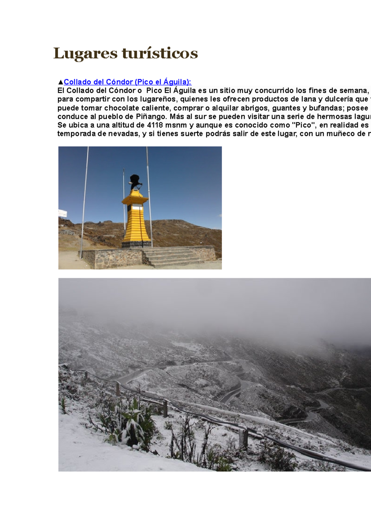 Atractivos turisticos - Lugares turísticos Collado del Cóndor (Pico el ...