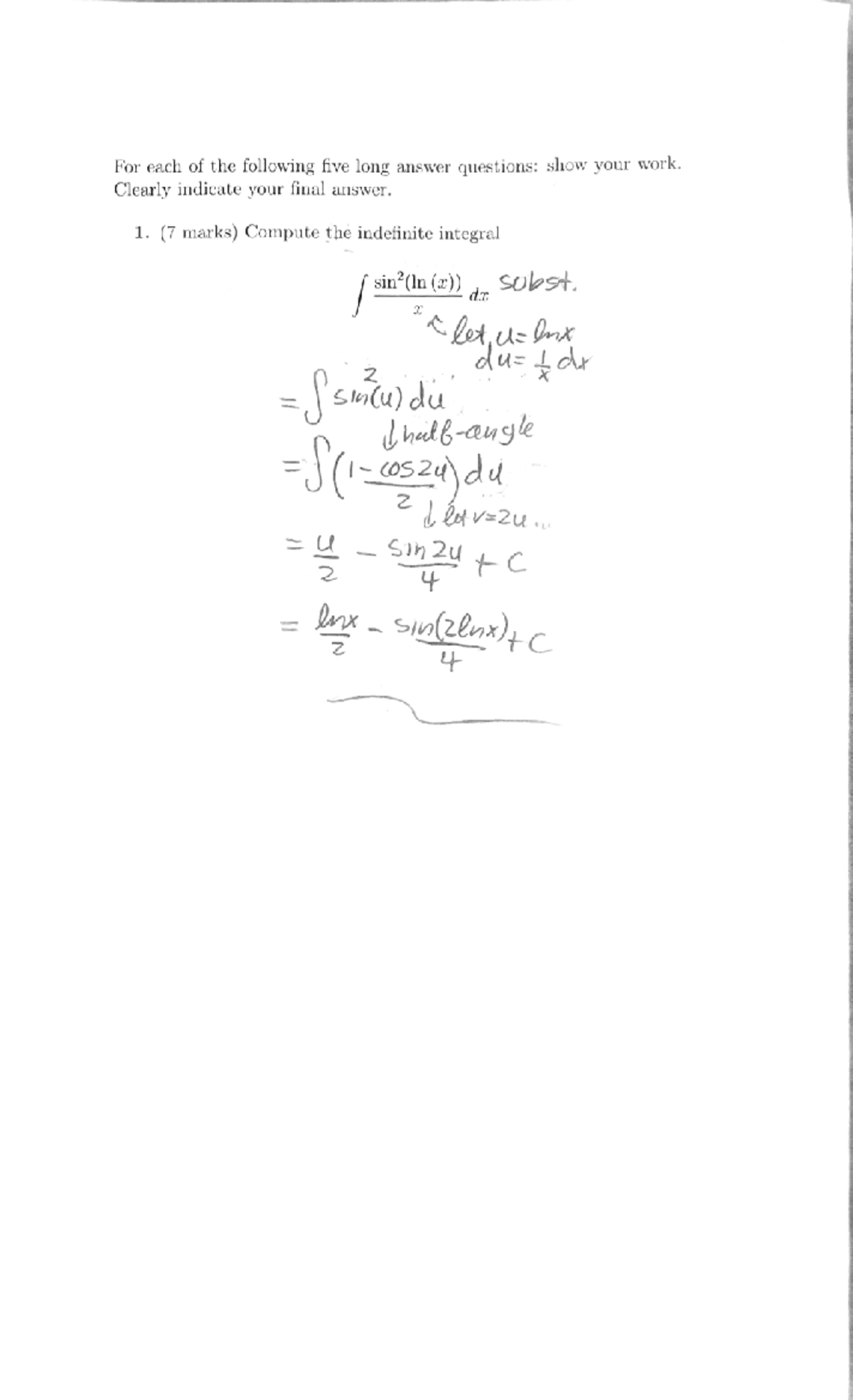 Test 4 (Solutions) for Indefinite Integrals and Work Shown - Studocu