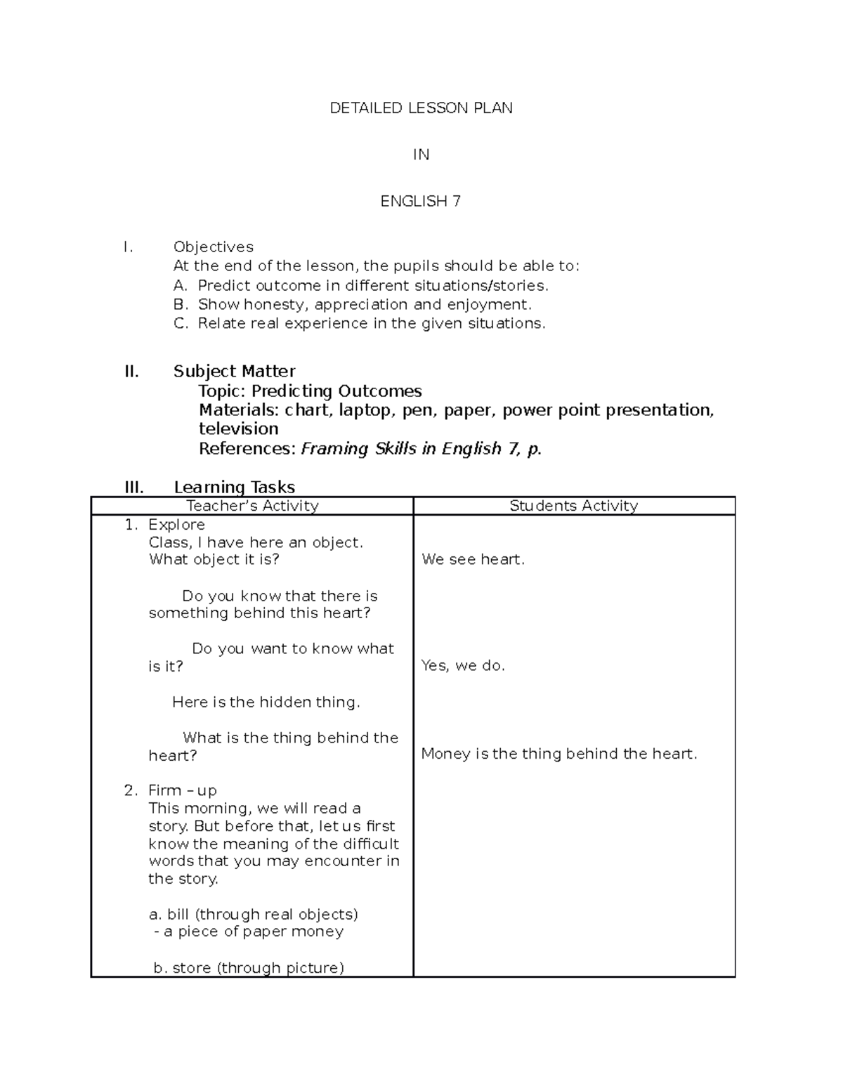 Final Exam Lesson Plan: Predicting Outcomes in English 7 - Studocu