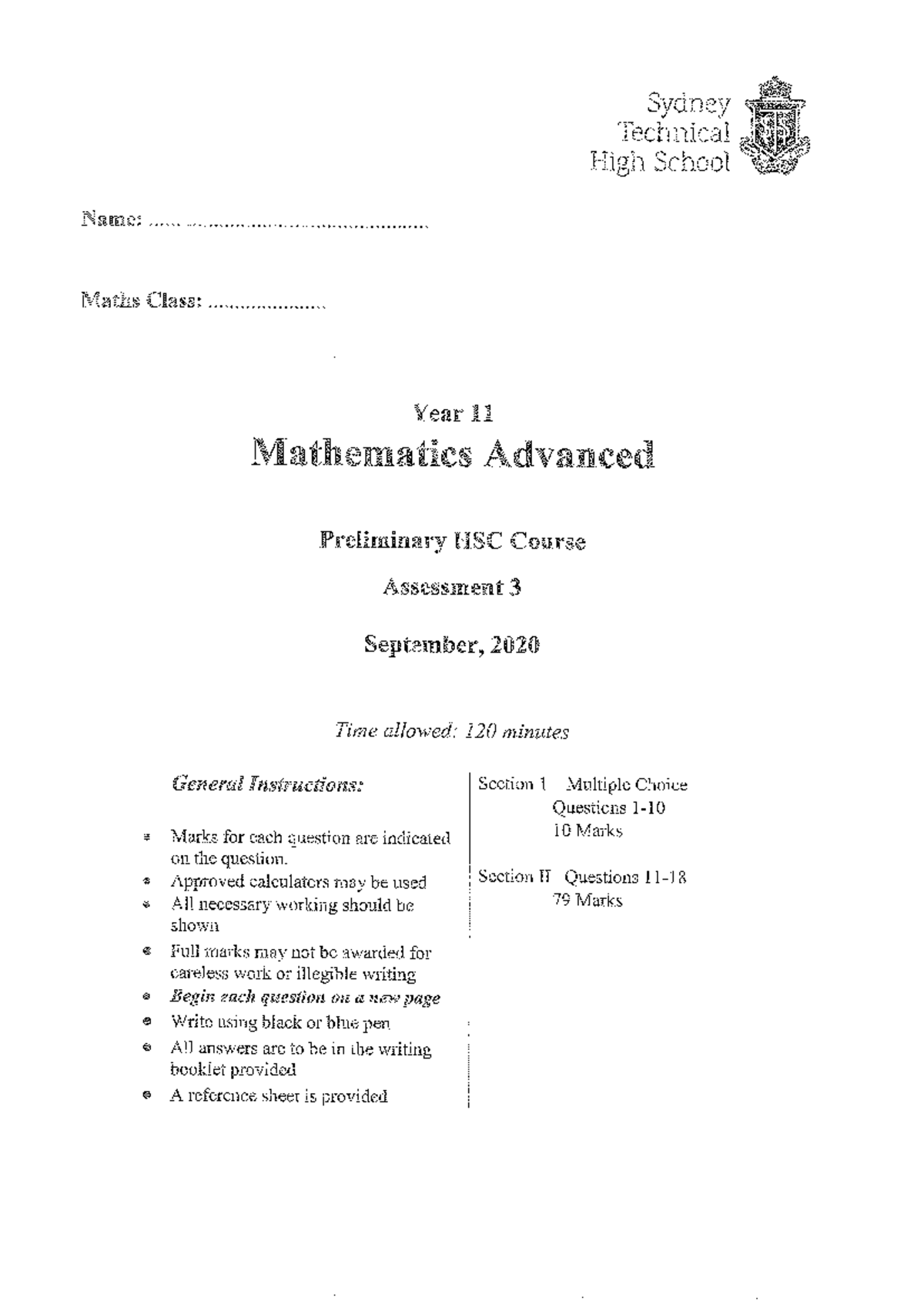 Sydney Tech UA Year 11 Maths Advanced Prelim HSC Assessment 3 Solutions ...