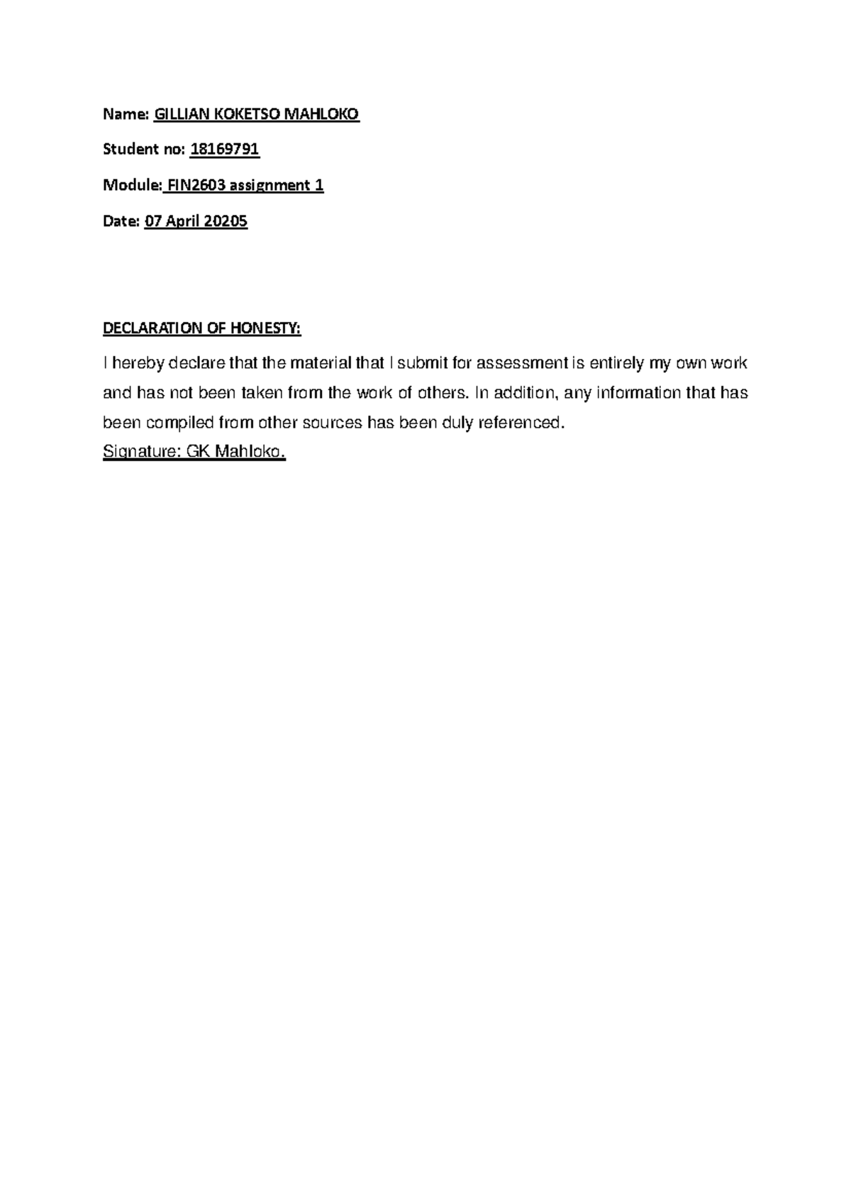 Fin2603 assignment 1 - Understanding the role of financial statements ...