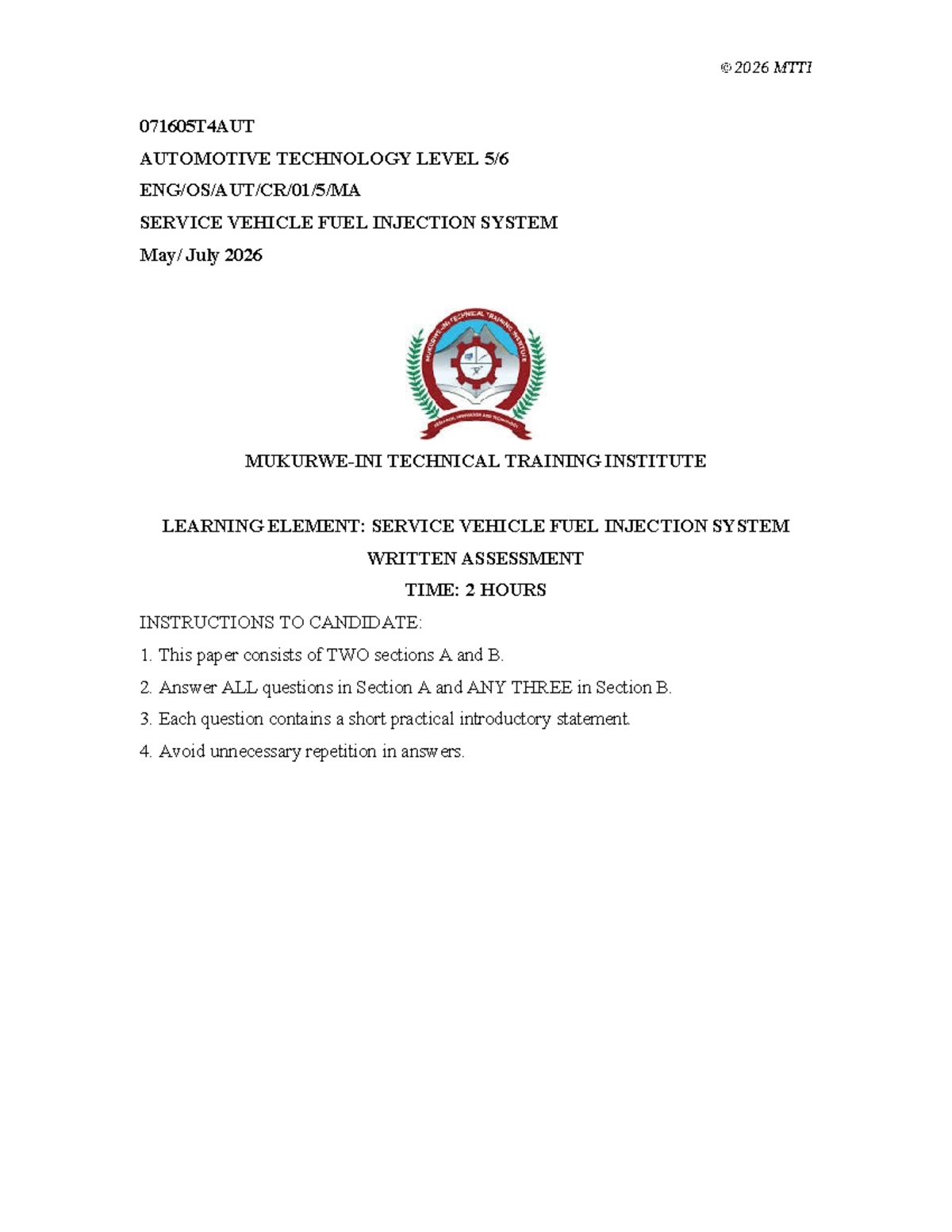 MTTI 071605T4AUT Written Assessment: Fuel Injection System Exam - Studocu