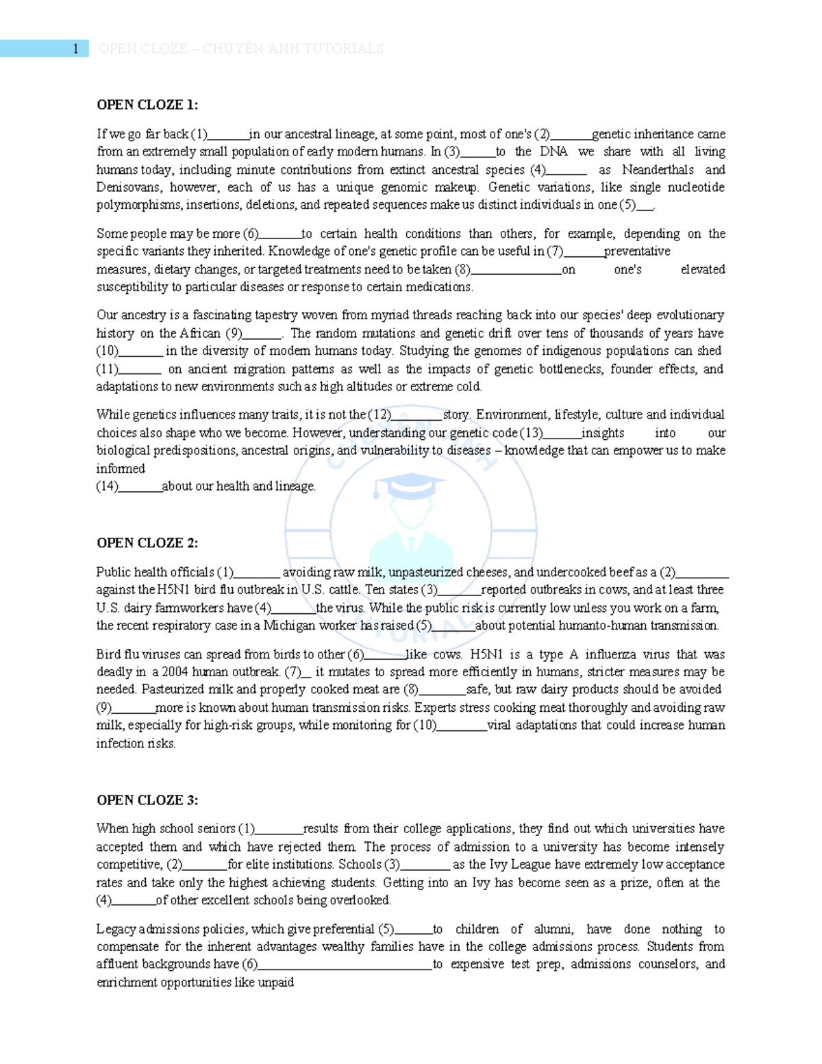 OPEN CLOZE CHUYÊN ANH TUTORIALS: Comprehensive Practice Exercises - Studocu