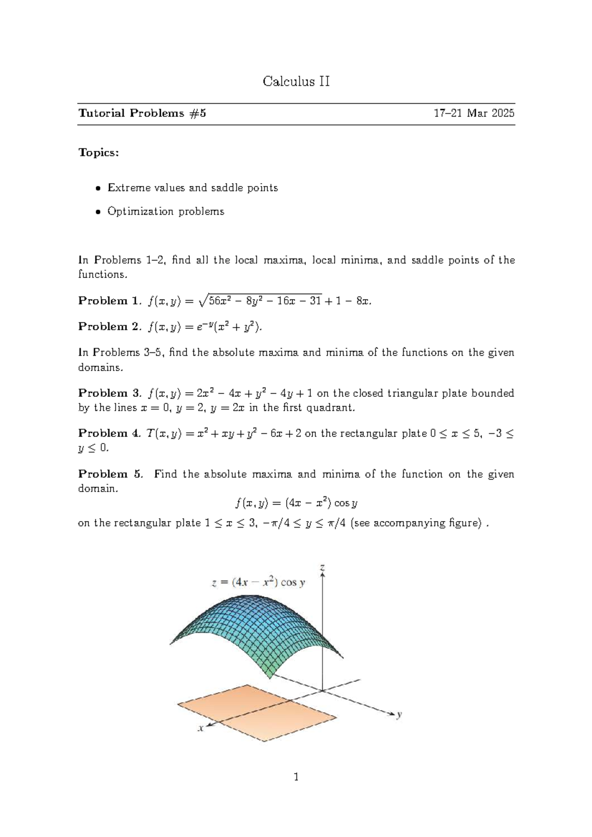 Calculus II 24-25: Tutorial Problems on Optimization & Extrema - Studocu