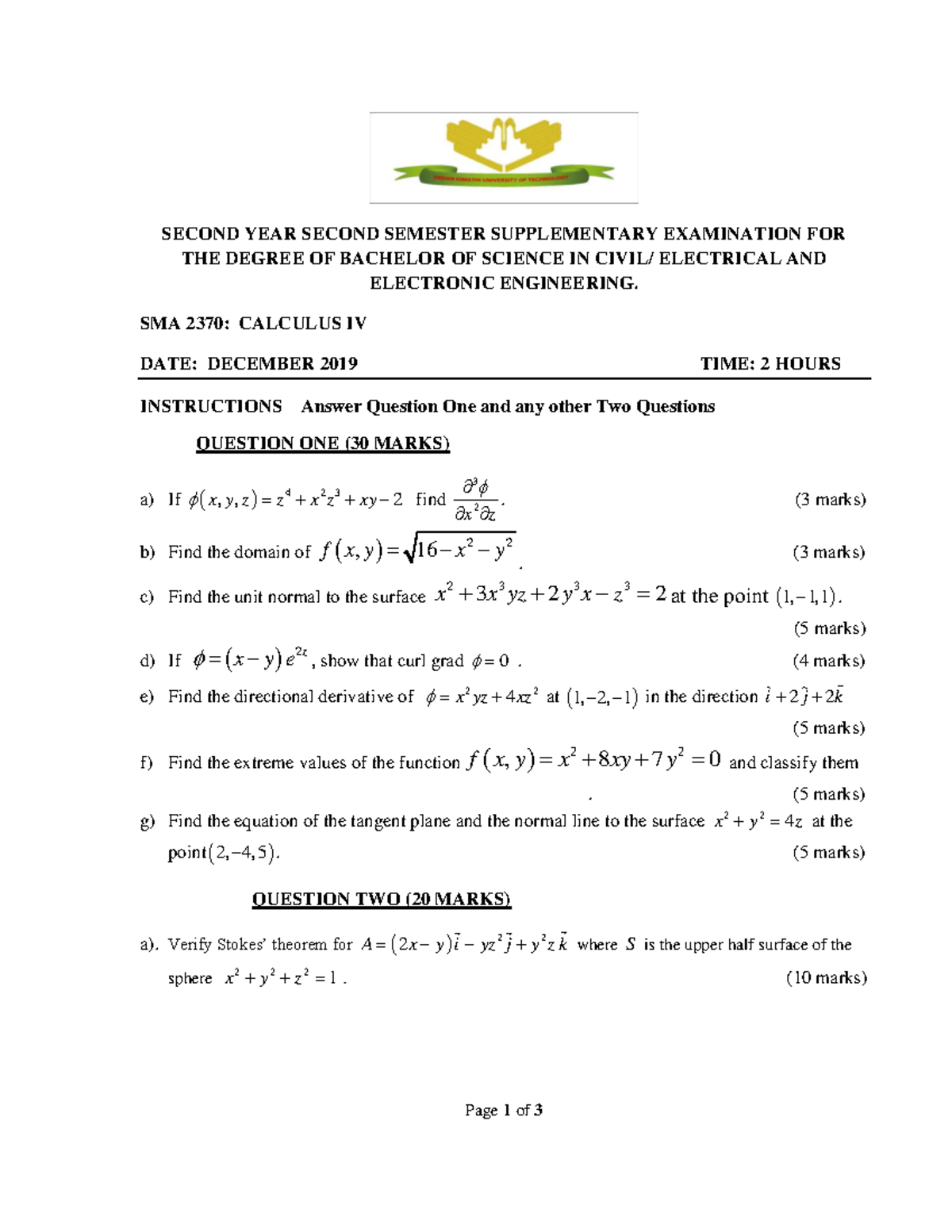 SMA 2370: Calculus IV Supplementary Exam December 2019 - Studocu
