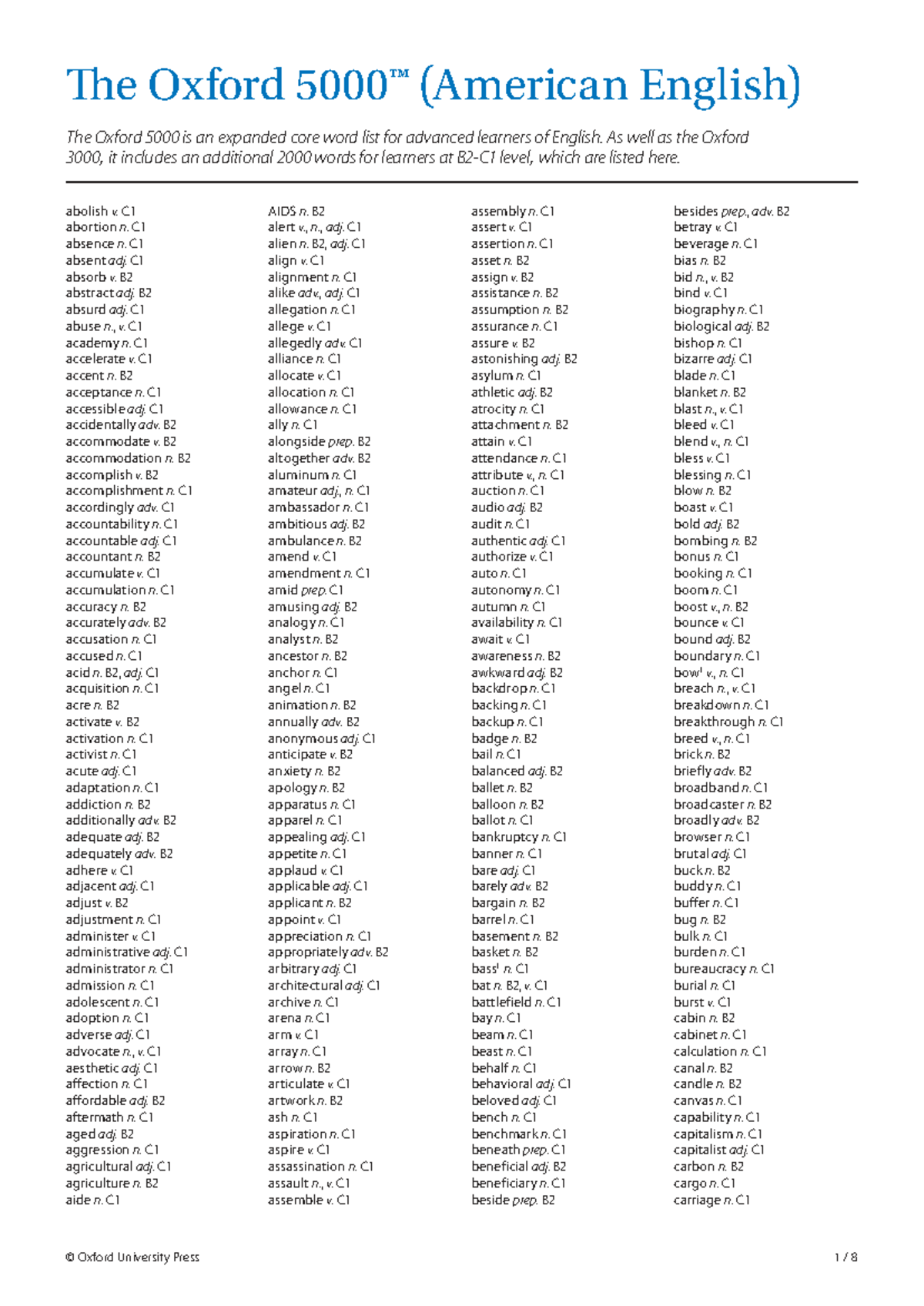 American Oxford 5000 Vocabulary List for Advanced Learners - Studocu