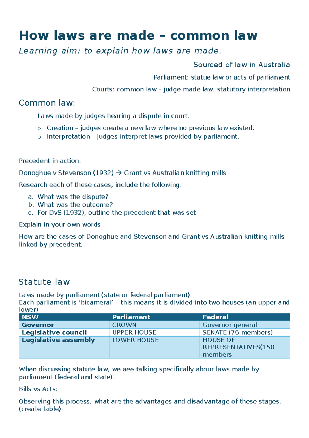 Year 10 Commerce: How Laws are Made - Common Law Insights - Studocu