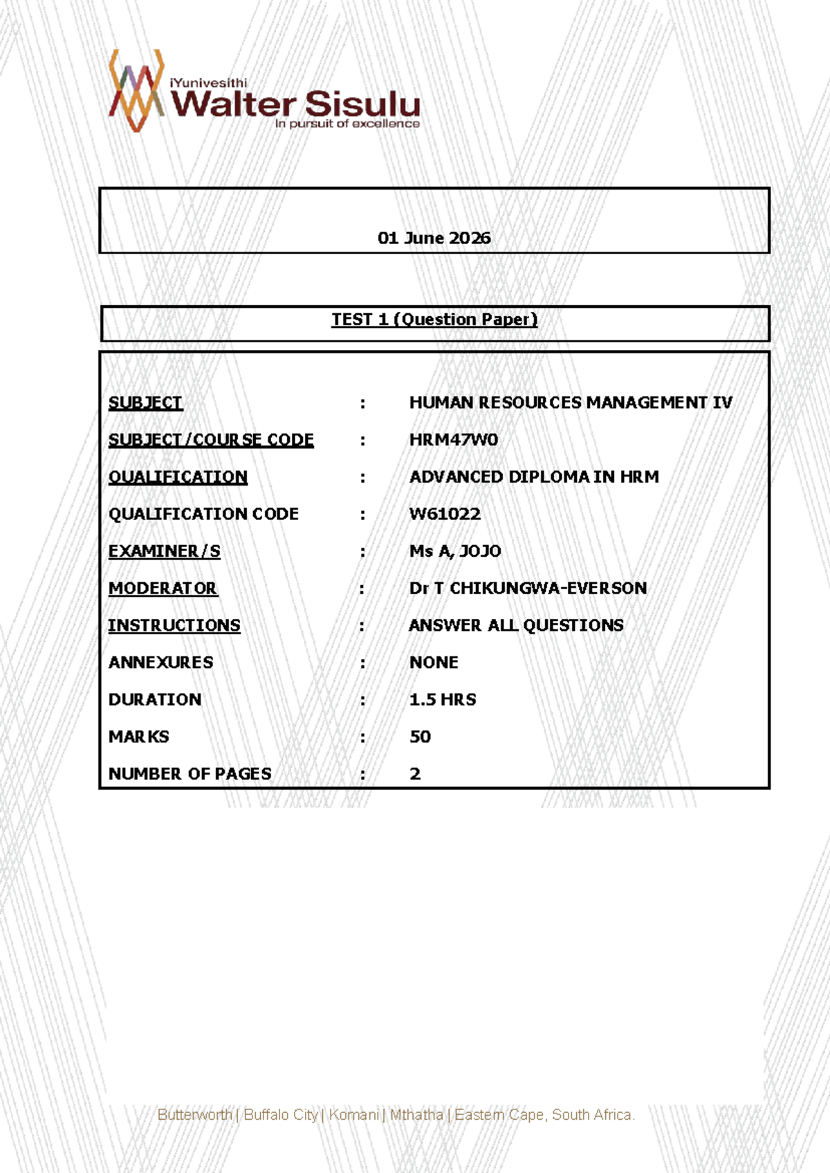 HRM IV Test 1 Question Paper (HRM47W0) - Studocu