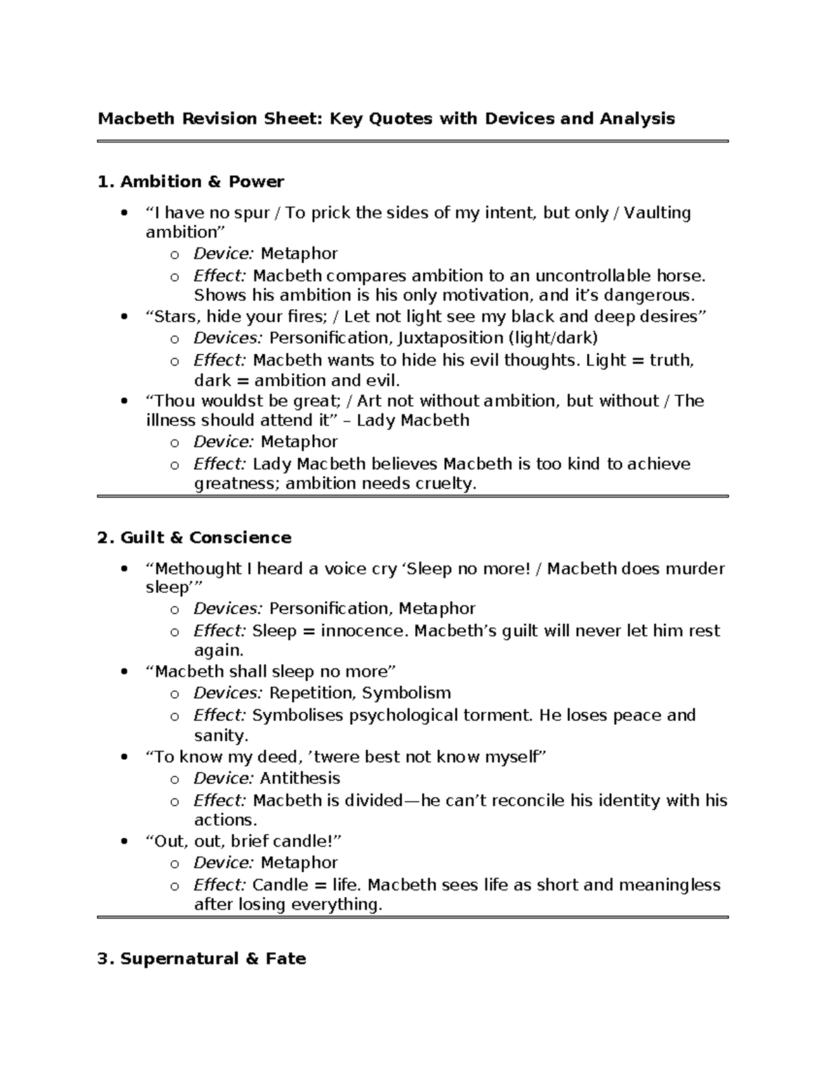 Macbeth Revision Sheet: Key Quotes, Devices & Analysis - Studocu