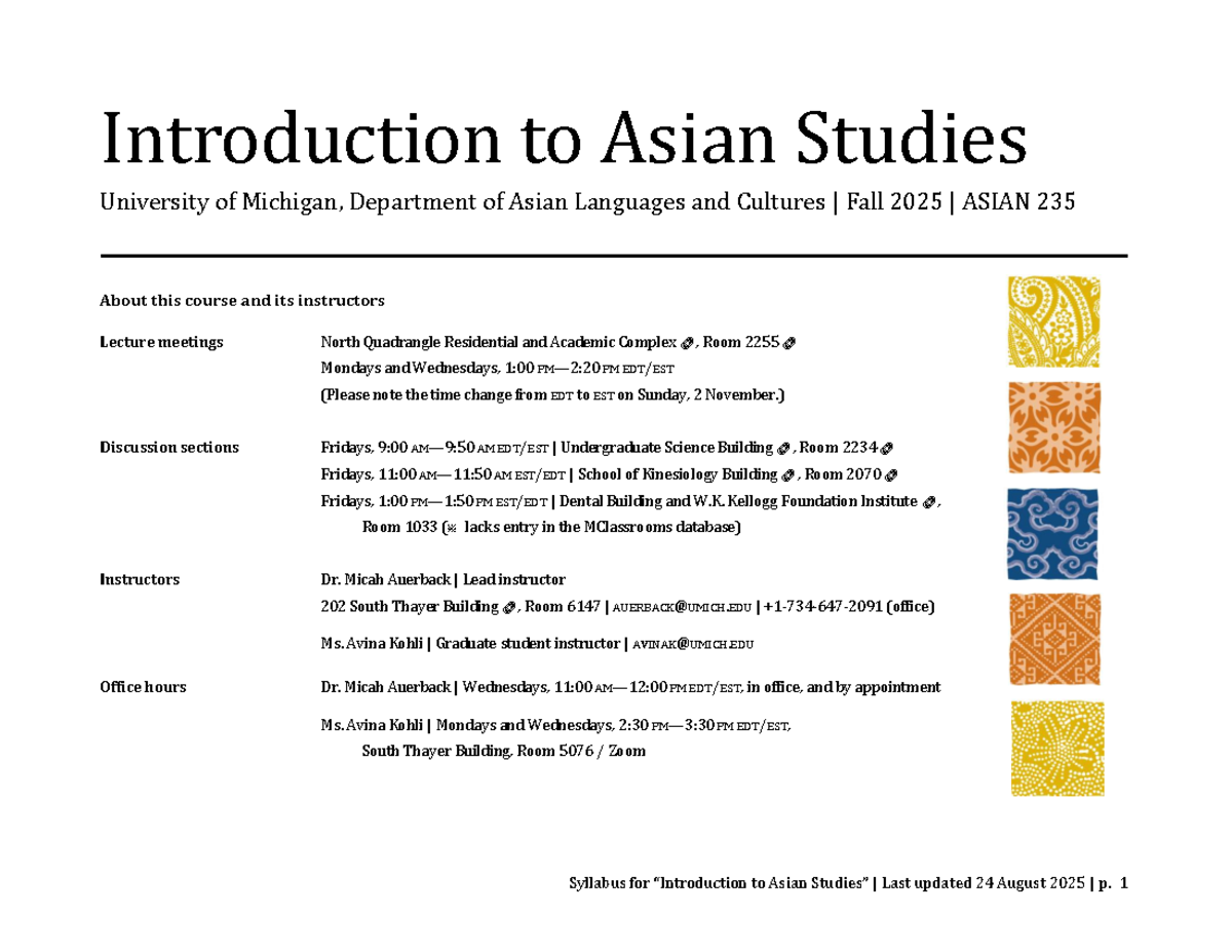Syllabus for ASIAN 235: Introduction to Asian Studies - Fall 2025 - Studocu