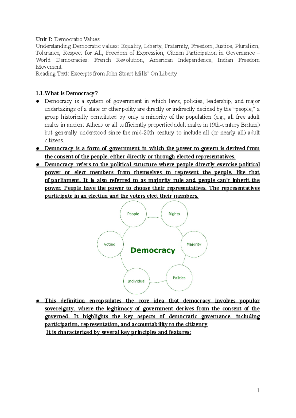 Unit I: Understanding and Valuing Democracy and Its Principles - Studocu
