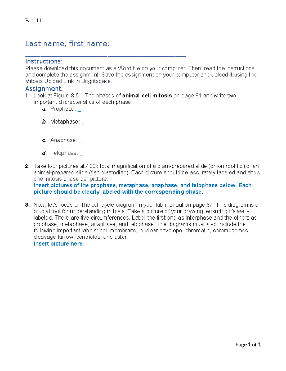 Lab Assignment-Mitosis - Bio Last name, first name ...