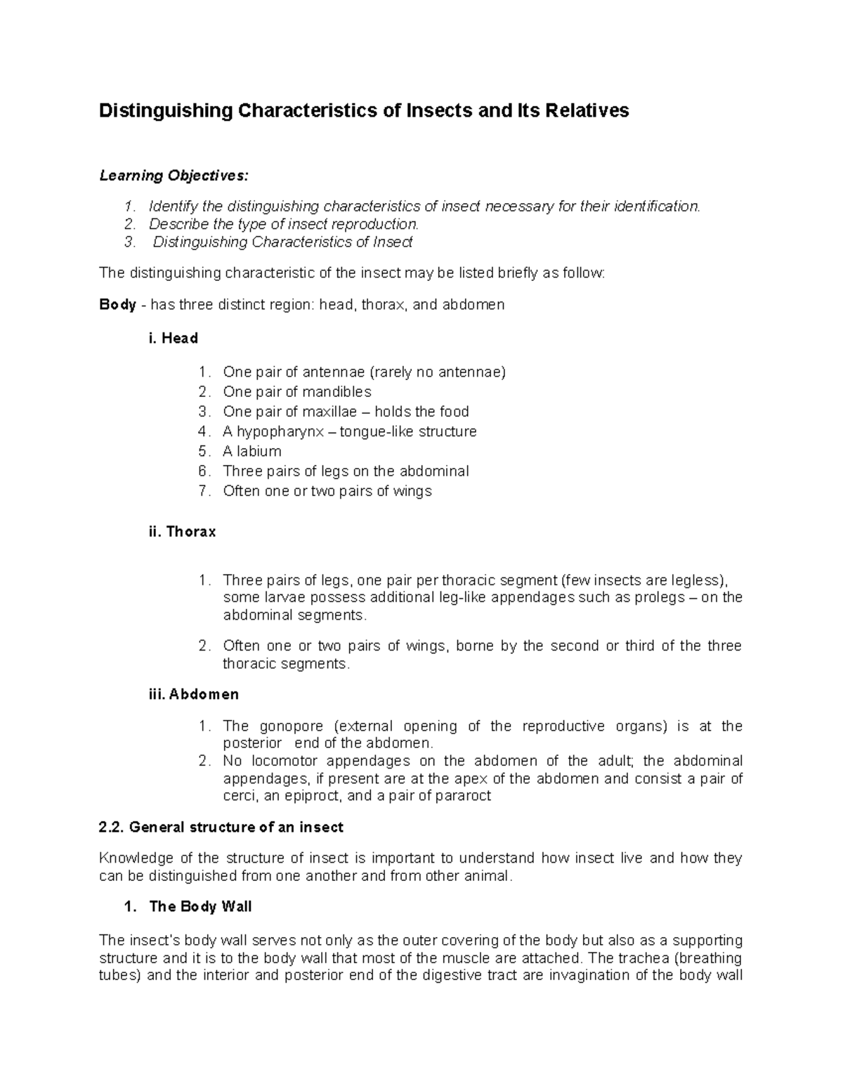 Insect Anatomy and Identification: Key Features and Structures - Studocu