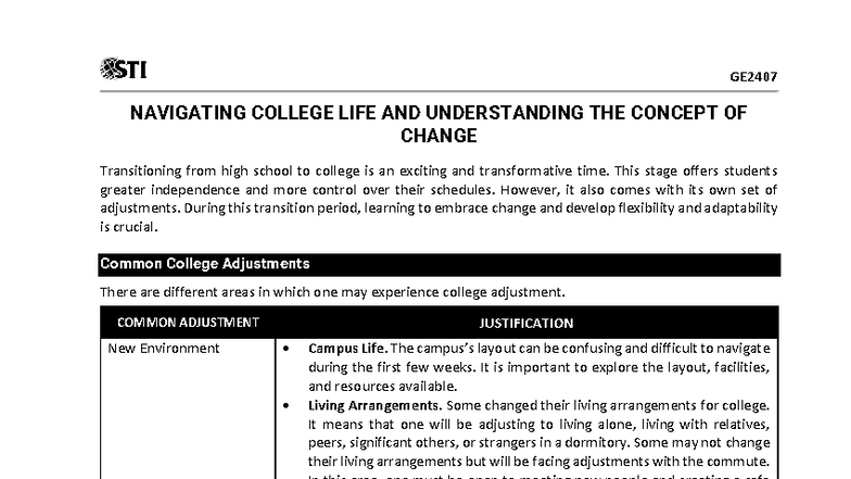 02 Handout 2A - Navigating College Life and Understanding Change - Studocu