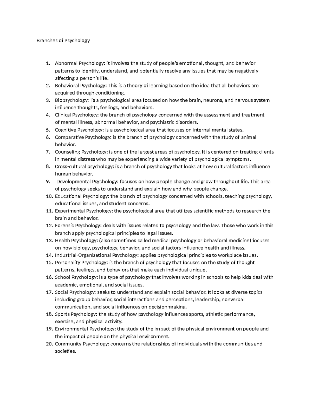 Branches of Psychology Overview: Key Areas & Concepts - Studocu