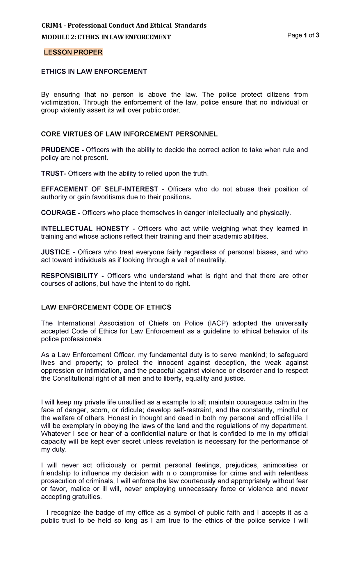 CRIM4 Module 2: Ethics in Law Enforcement - Proper Conduct Lesson - Studocu