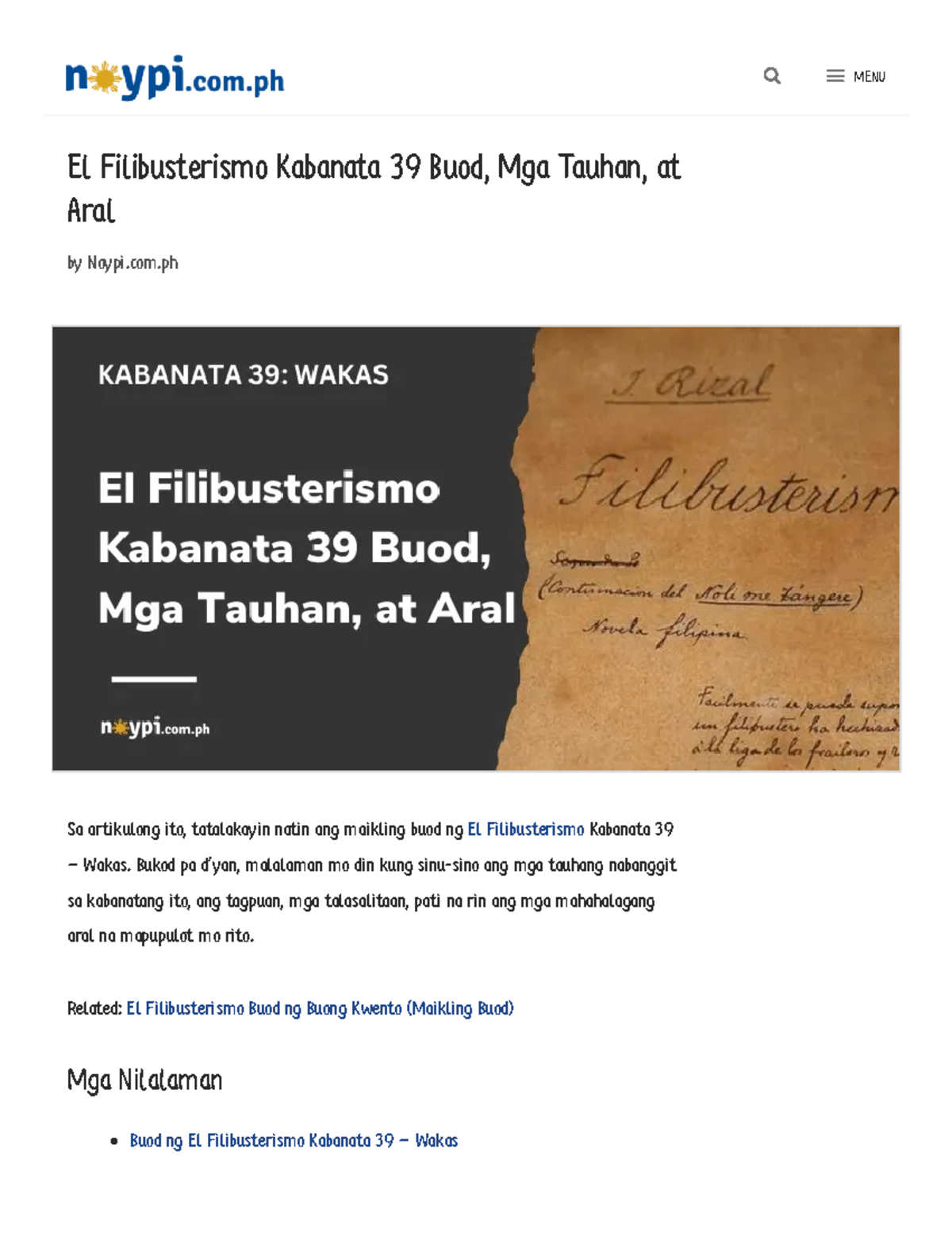 El Filibusterismo Kabanata 39: Buod, Tauhan, at Mga Aral - Studocu