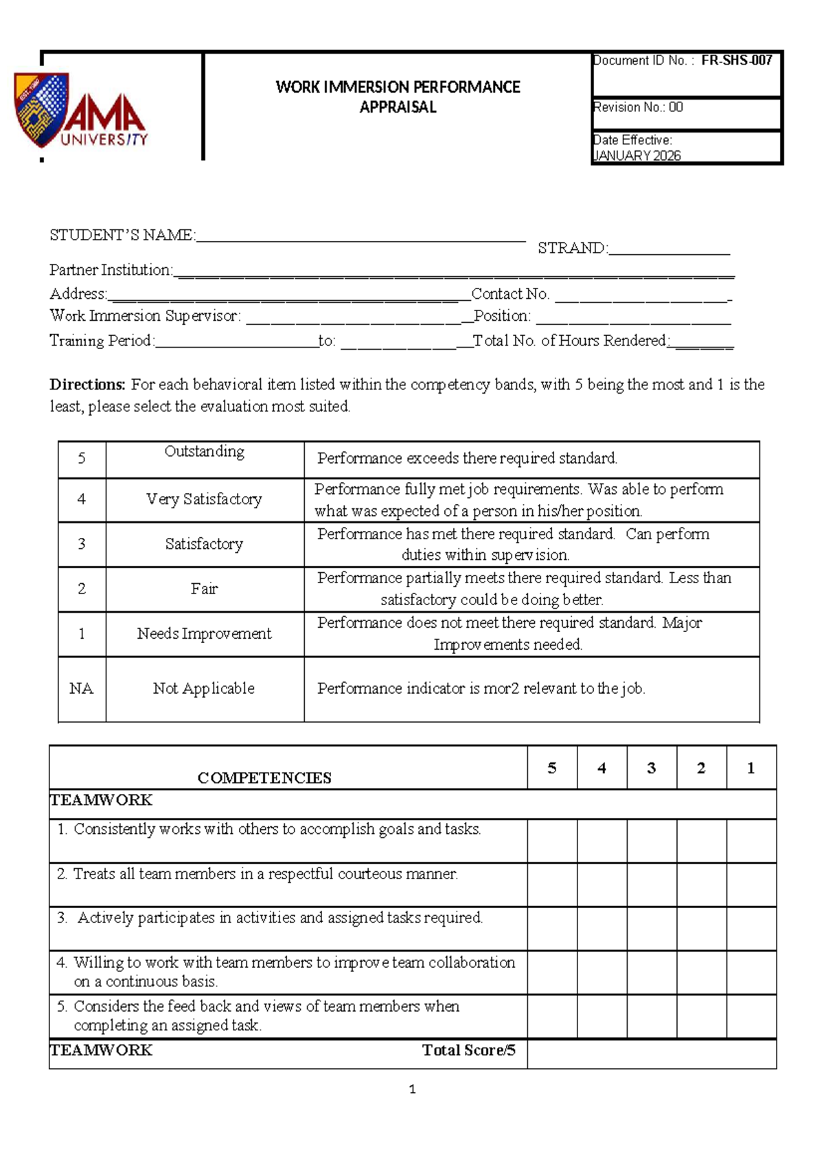SHSWI WORK IMMERSION PERFORMANCE APPRAISAL FORM - Studocu