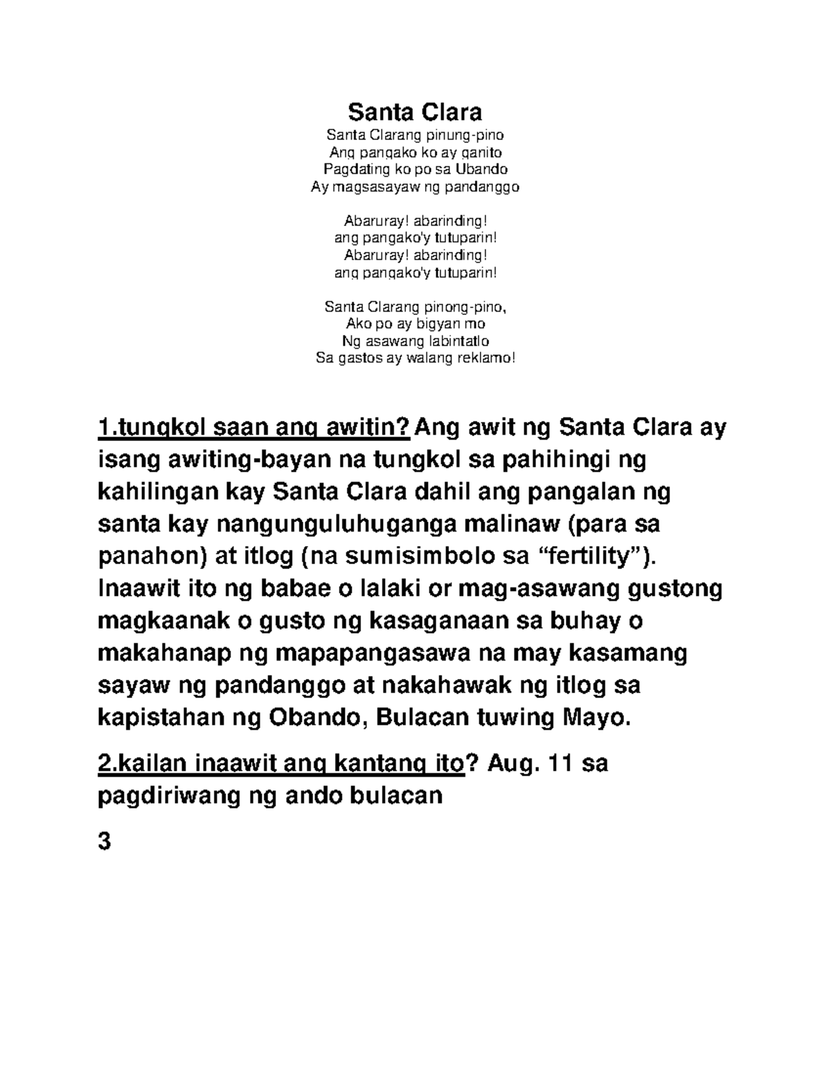 Santa Clara Lyrics Analysis and Meaning - A Study of Folk Songs - Studocu