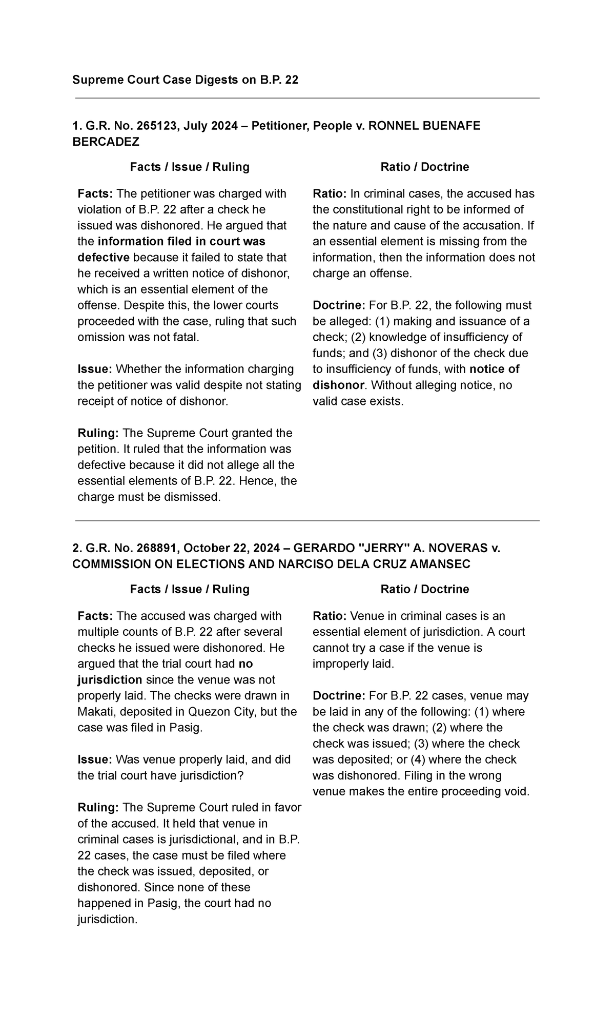 Supreme Court Case Digests on B.P. 22: Key Rulings and Doctrines - Studocu