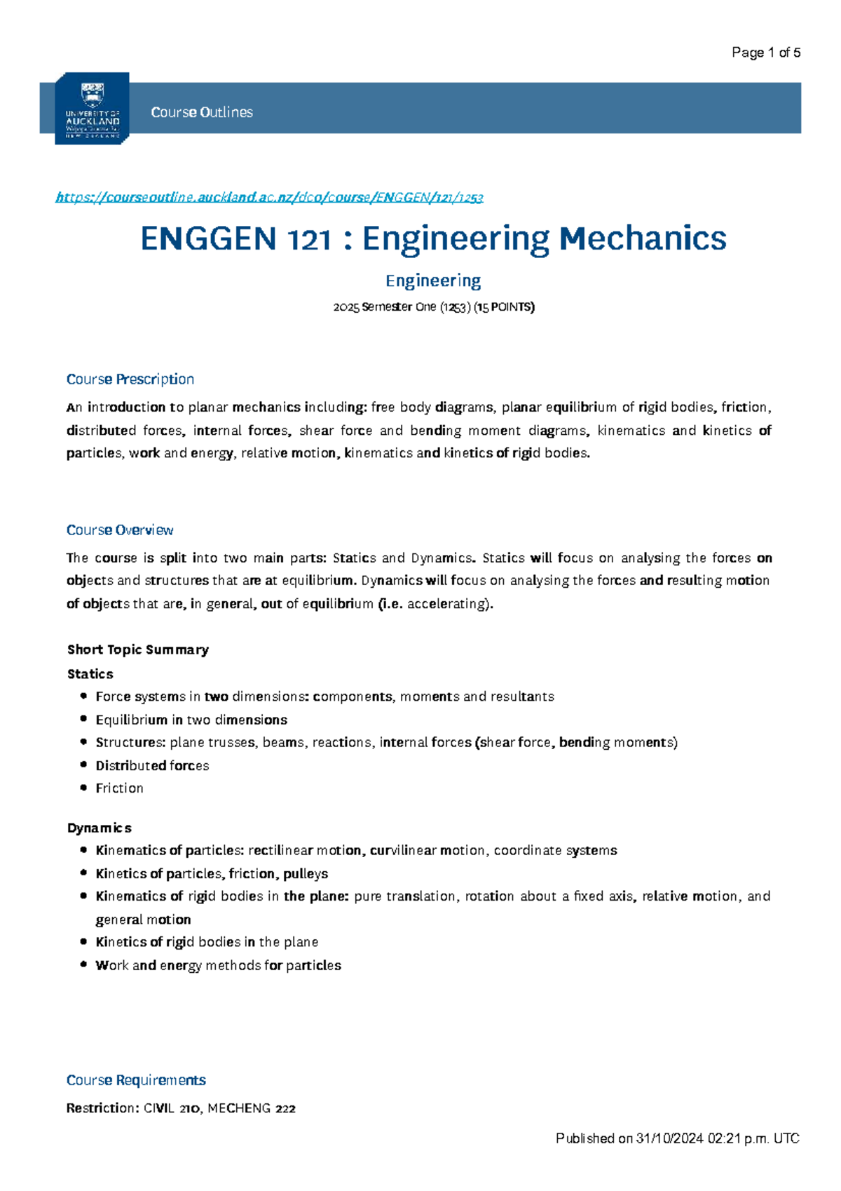 ENGGEN 121 - Engineering Mechanics Course Outline for 2025 Semester One ...