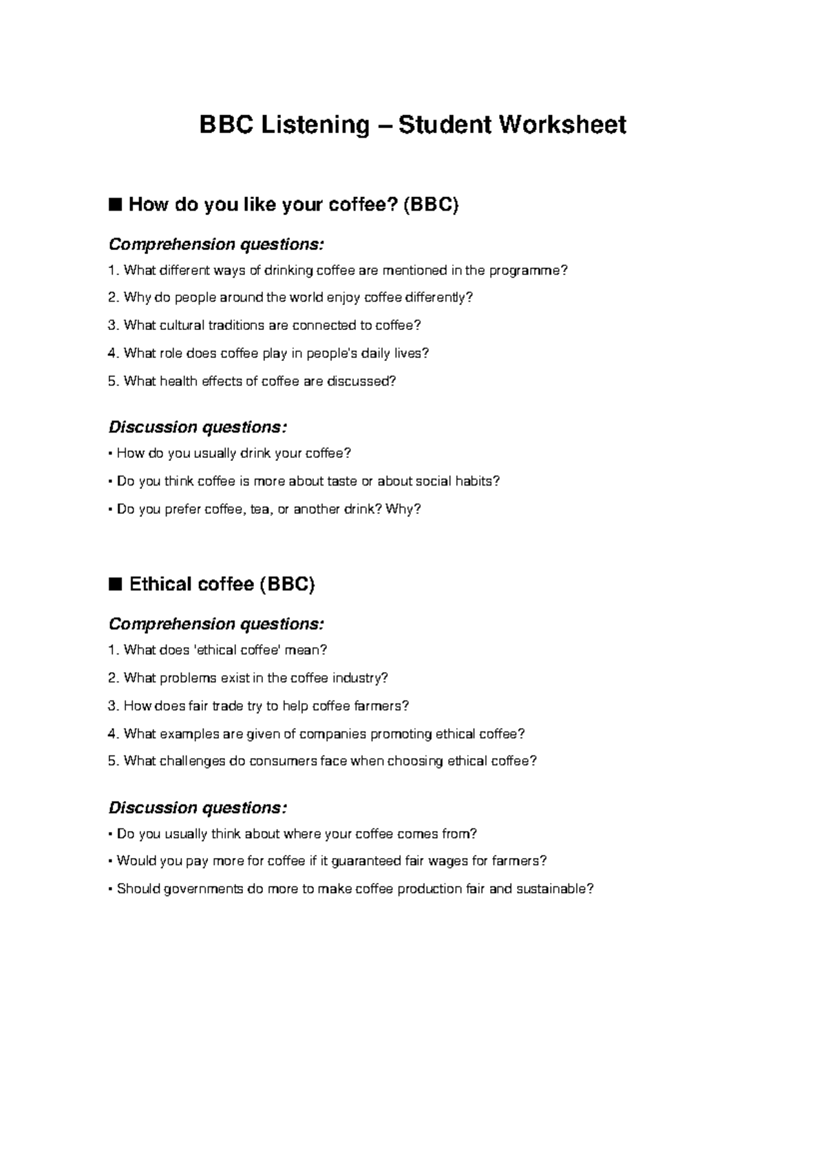 BBC Coffee Listening Worksheet: Comprehension & Discussion Questions ...