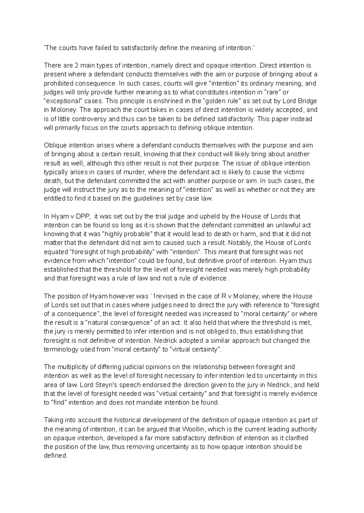 Crim 2 - Sample Essay on Defining Direct and Oblique Intention - Studocu