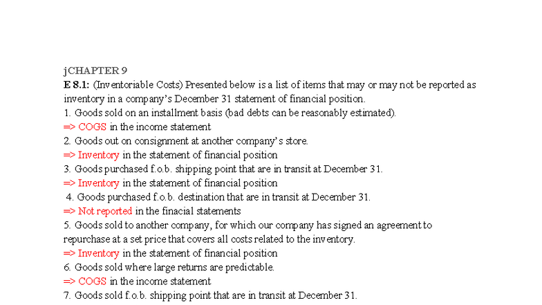 Chapter 9: Inventoriable Costs and Purchase Transactions (E 8.1, E 8.7 ...