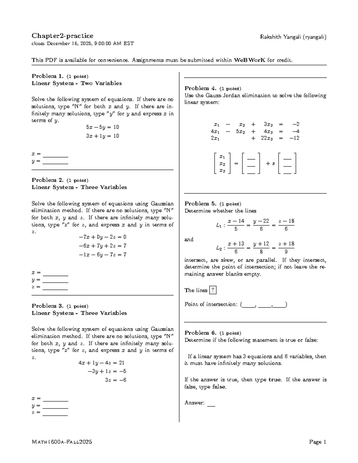 Math1600a-Fall2025: Linear Systems Practice Problems - Studocu