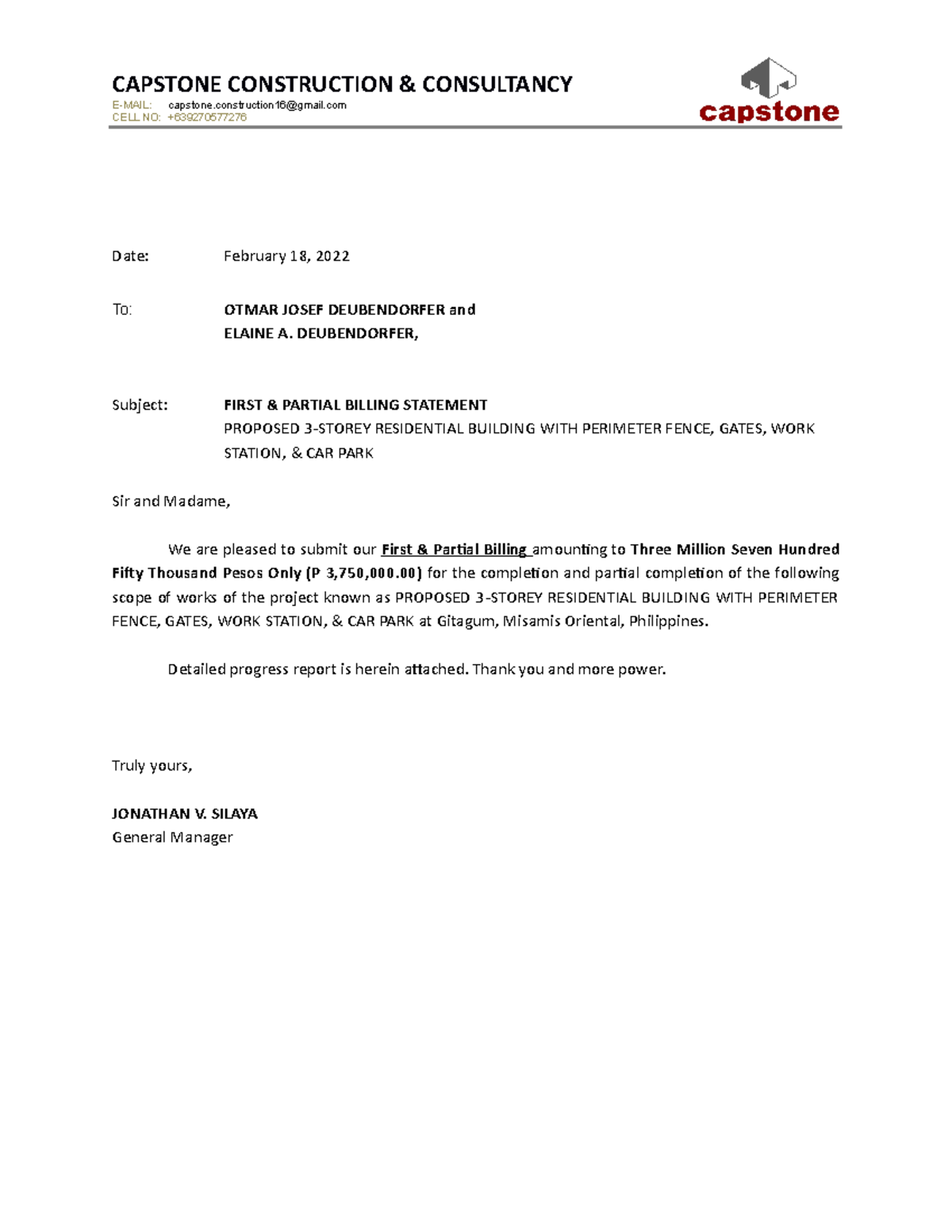 Capstone Construction First & Partial Billing Statement - Studocu