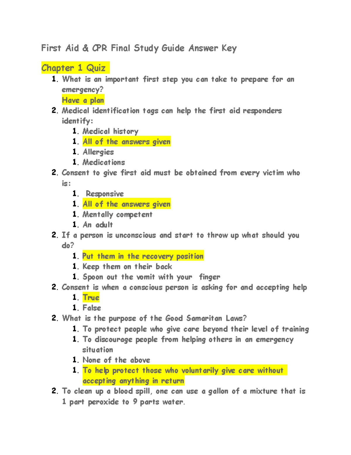 First Aid N A First Aid CPR Final Study Guide Answer Key Chapter 1 Quiz What is an Studocu