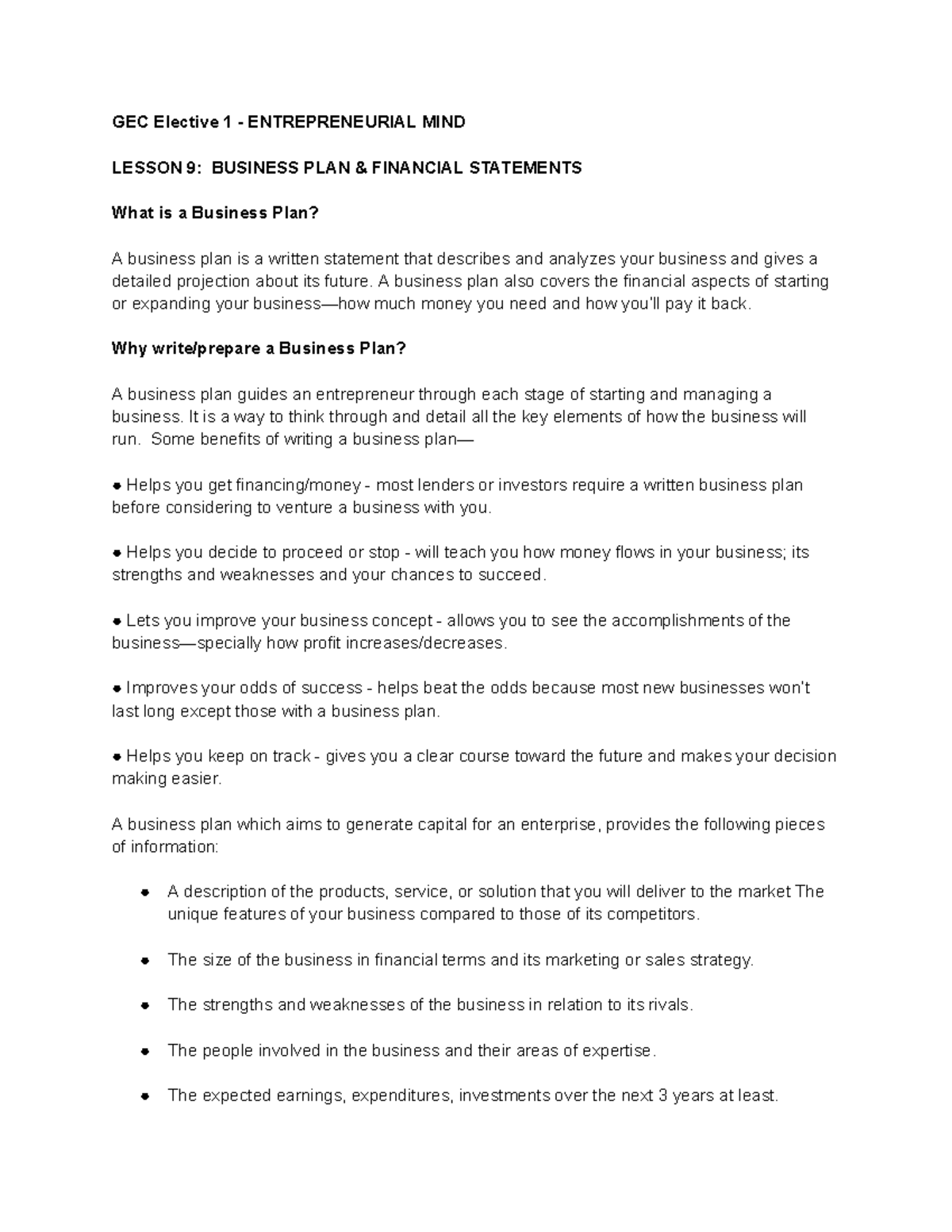 GEC Elective 1 - Entrepreneurial Mind Lesson 9: Business Plan ...