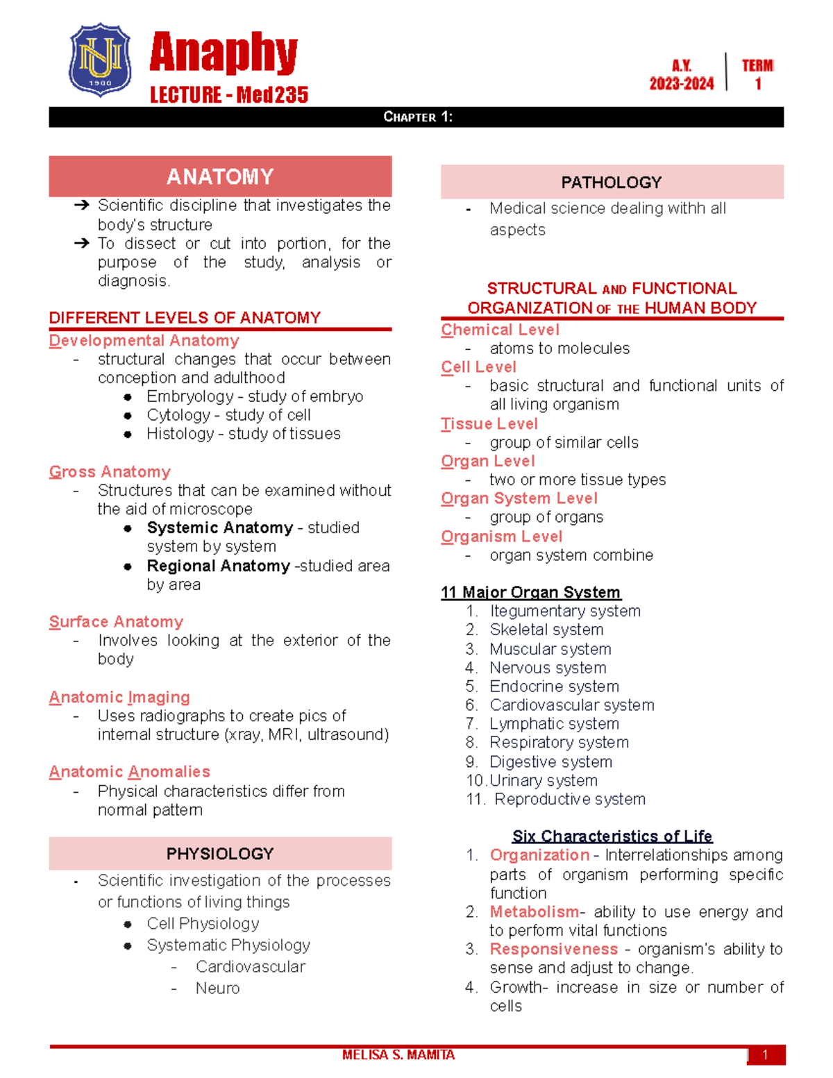 Chapter 1 - Anatomy Lecture Notes (MED 101) - Studocu