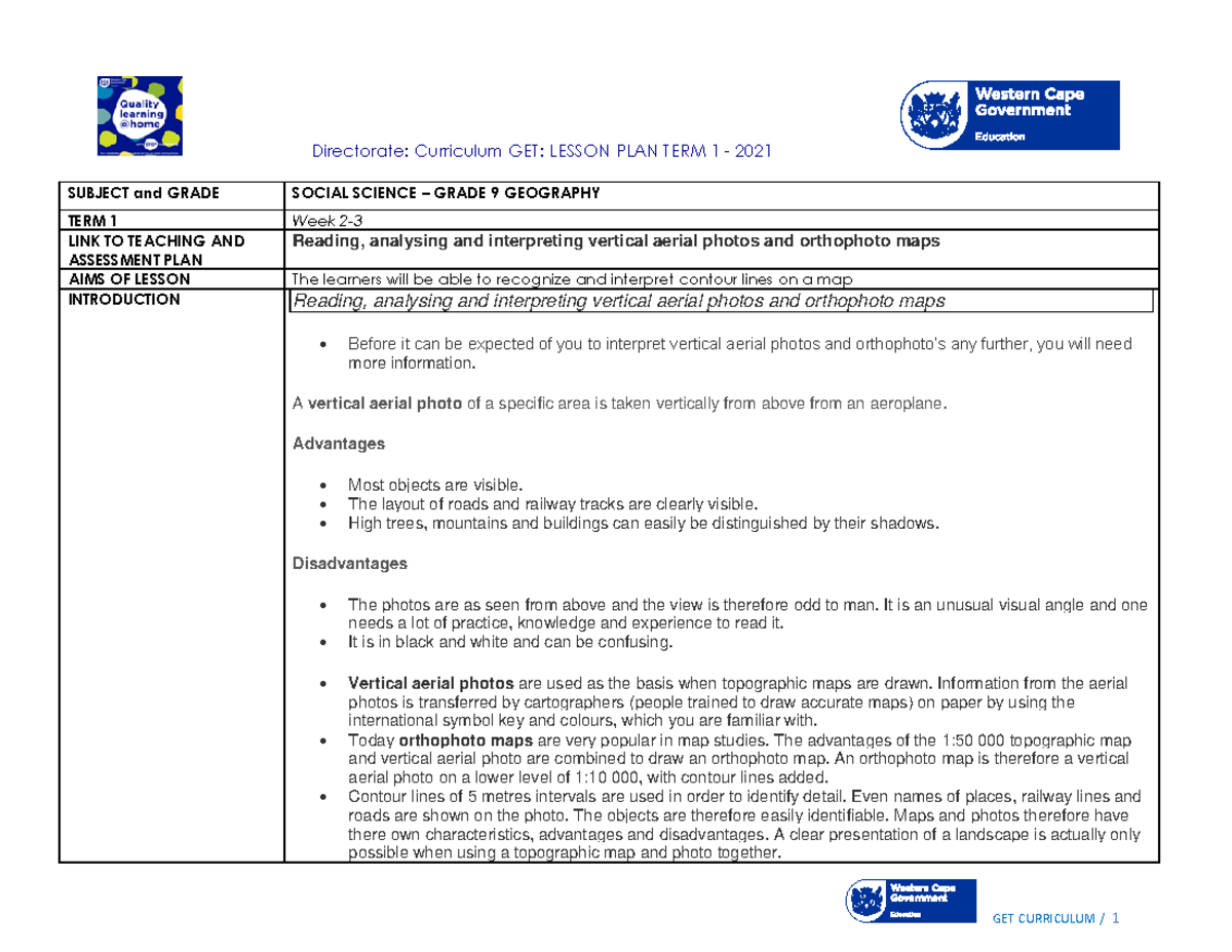 Lesson Plan SP Grade 9 SS Geography T1 W2: Analyzing Aerial Photos and ...