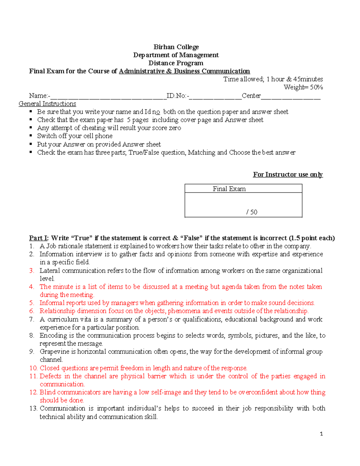 Birhan College MGT 101 Final Exam: Admin Business Communication - Studocu