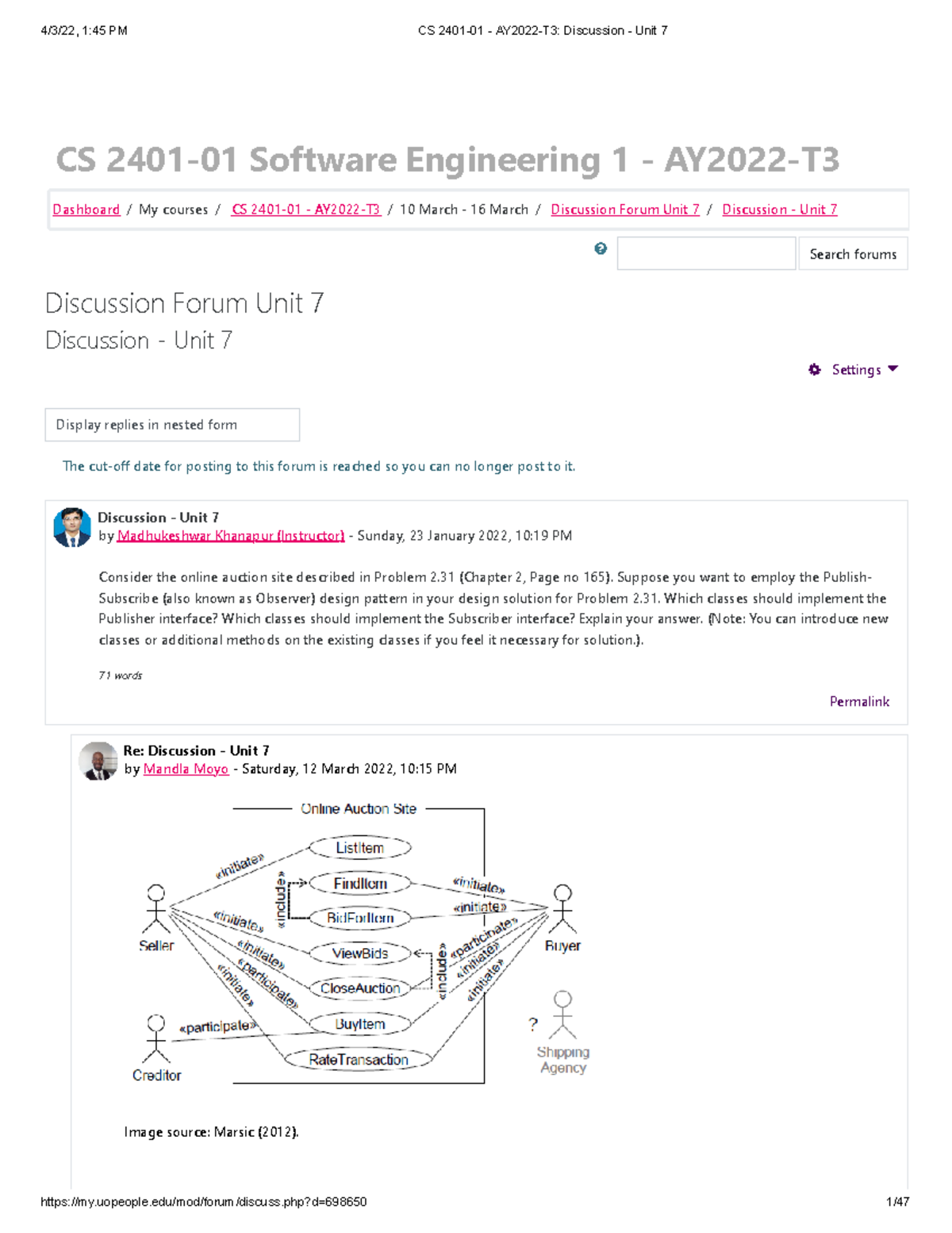 CS 2401-01 - AY2022-T3 Discussion - Unit 7 - CS 2401-01 Software ...