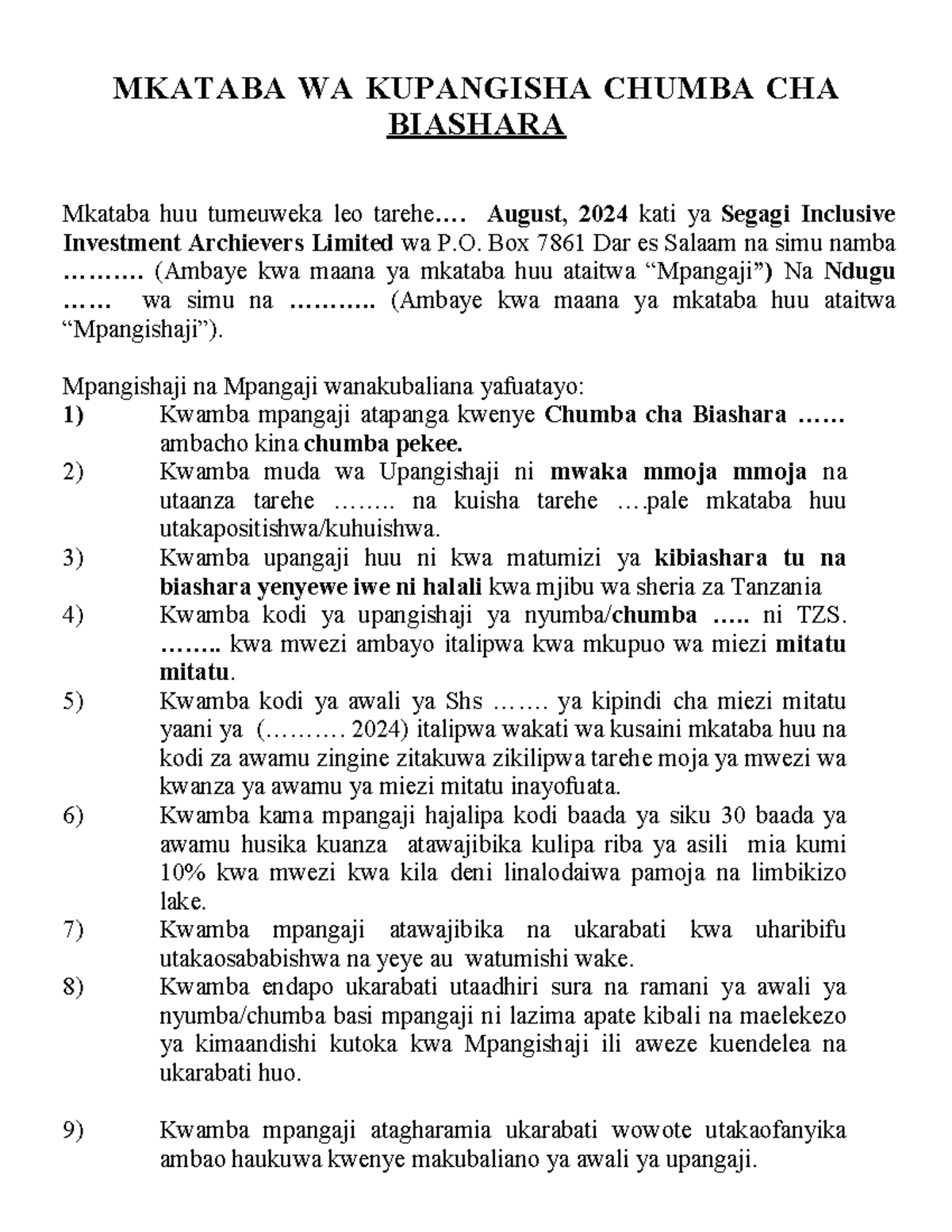 Mkataba wa Kupangisha Chumba cha Biashara - Segagi Investment - Studocu